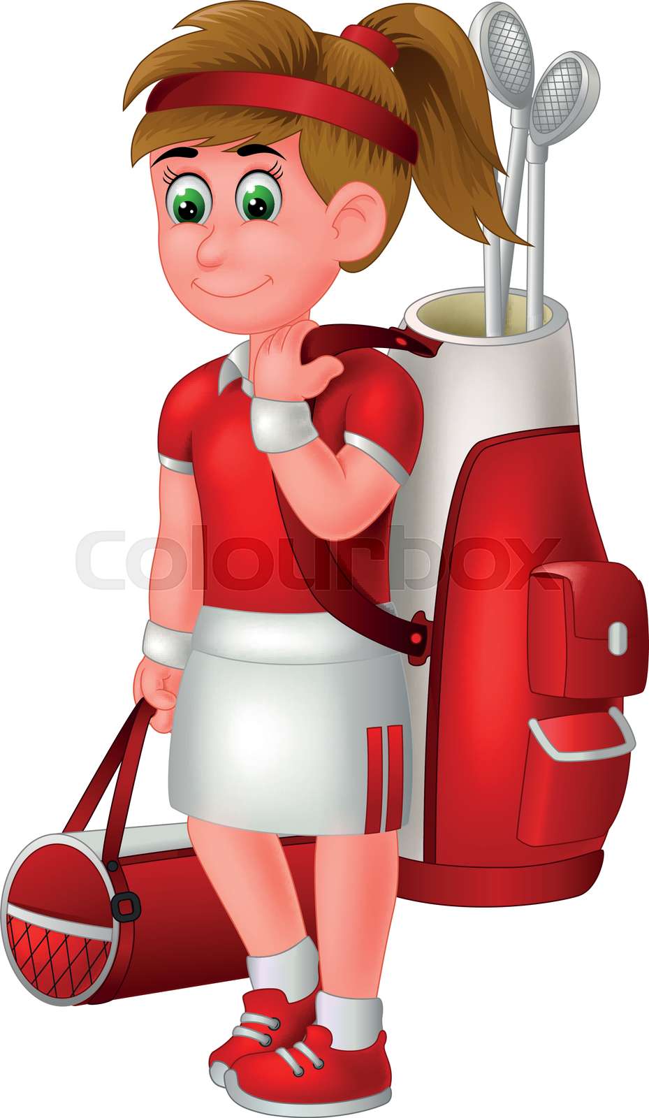 Beautiful Golfer Woman In White Red Uniform With Golf Bag Cartoon ...