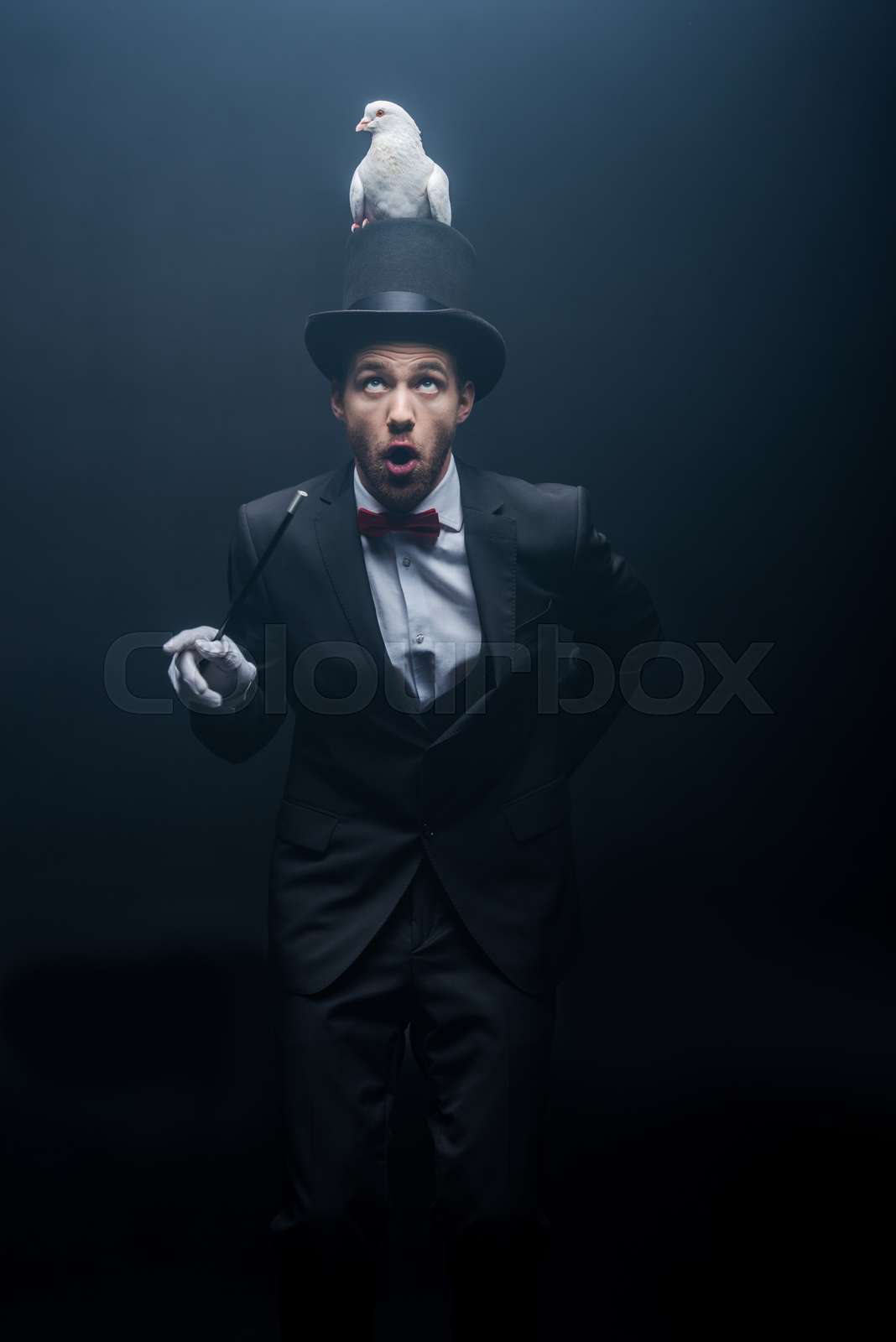 surprised magician in hat with dove and wand in dark room with smoke ...