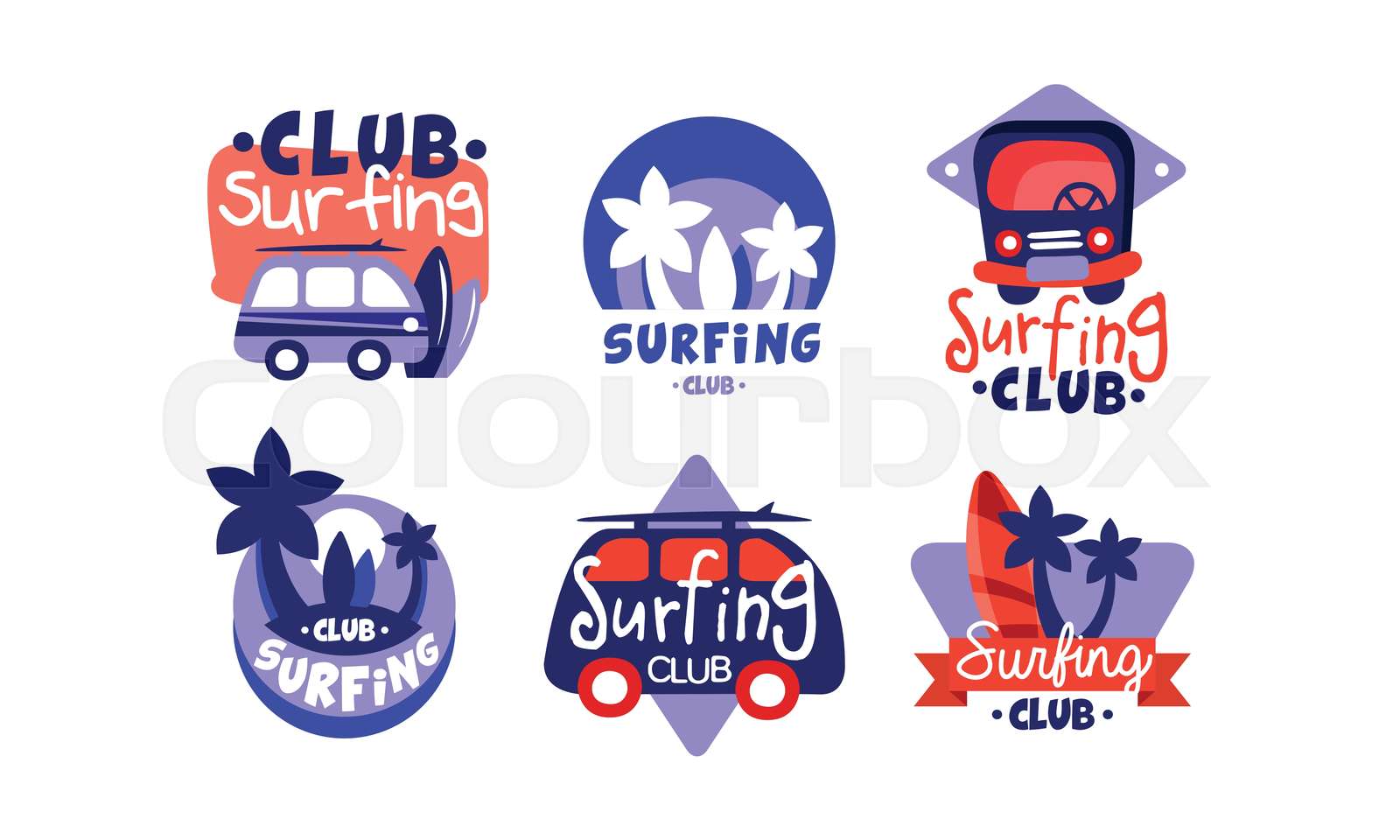 Surfing Club Logo Design Collection, Bright Surf Badges, Emblems Vector ...