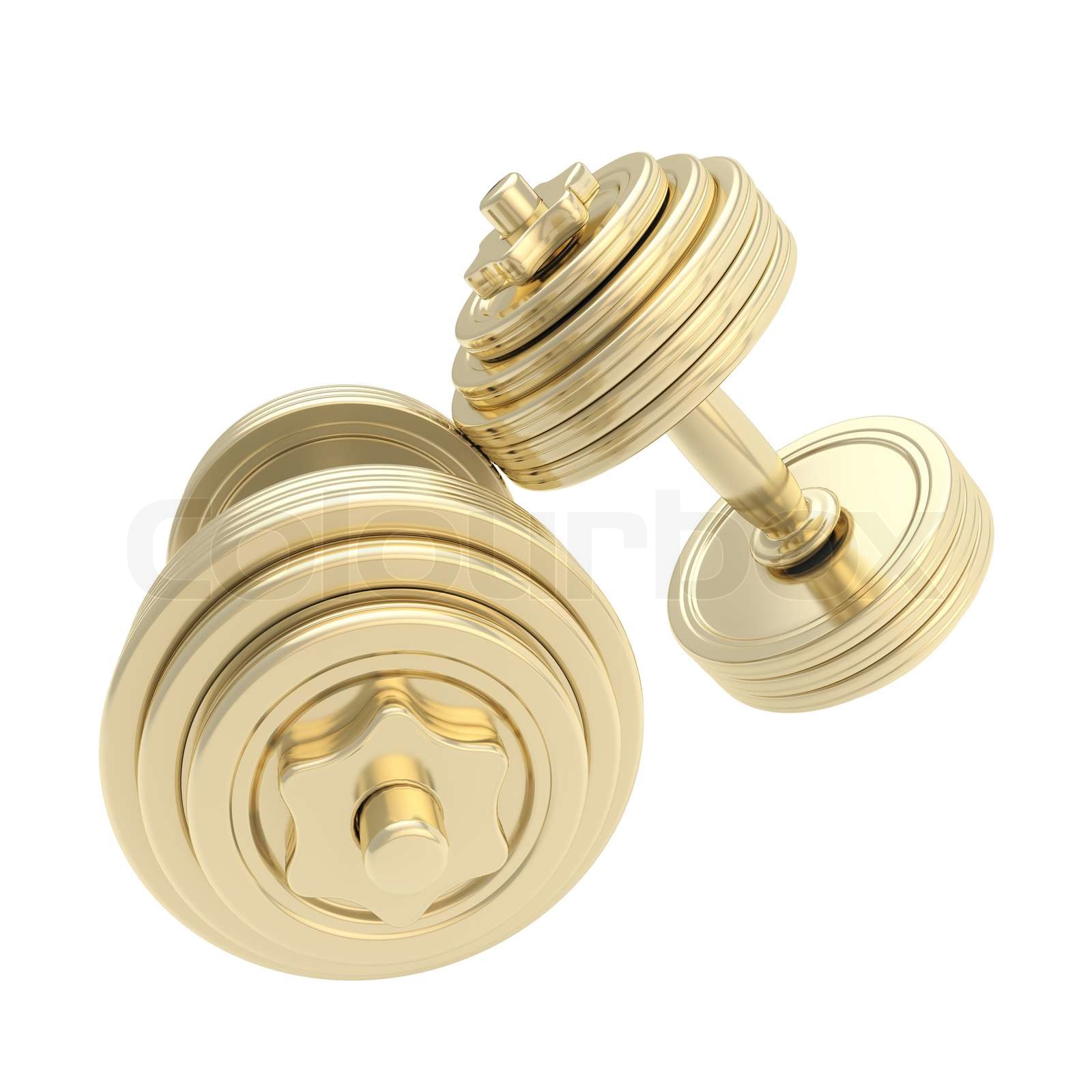 Shiny golden dumbbells isolated on white | Stock image | Colourbox