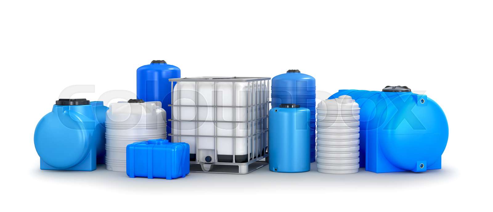 Different types of plastic water storage tank. 3D illustration | Stock ...