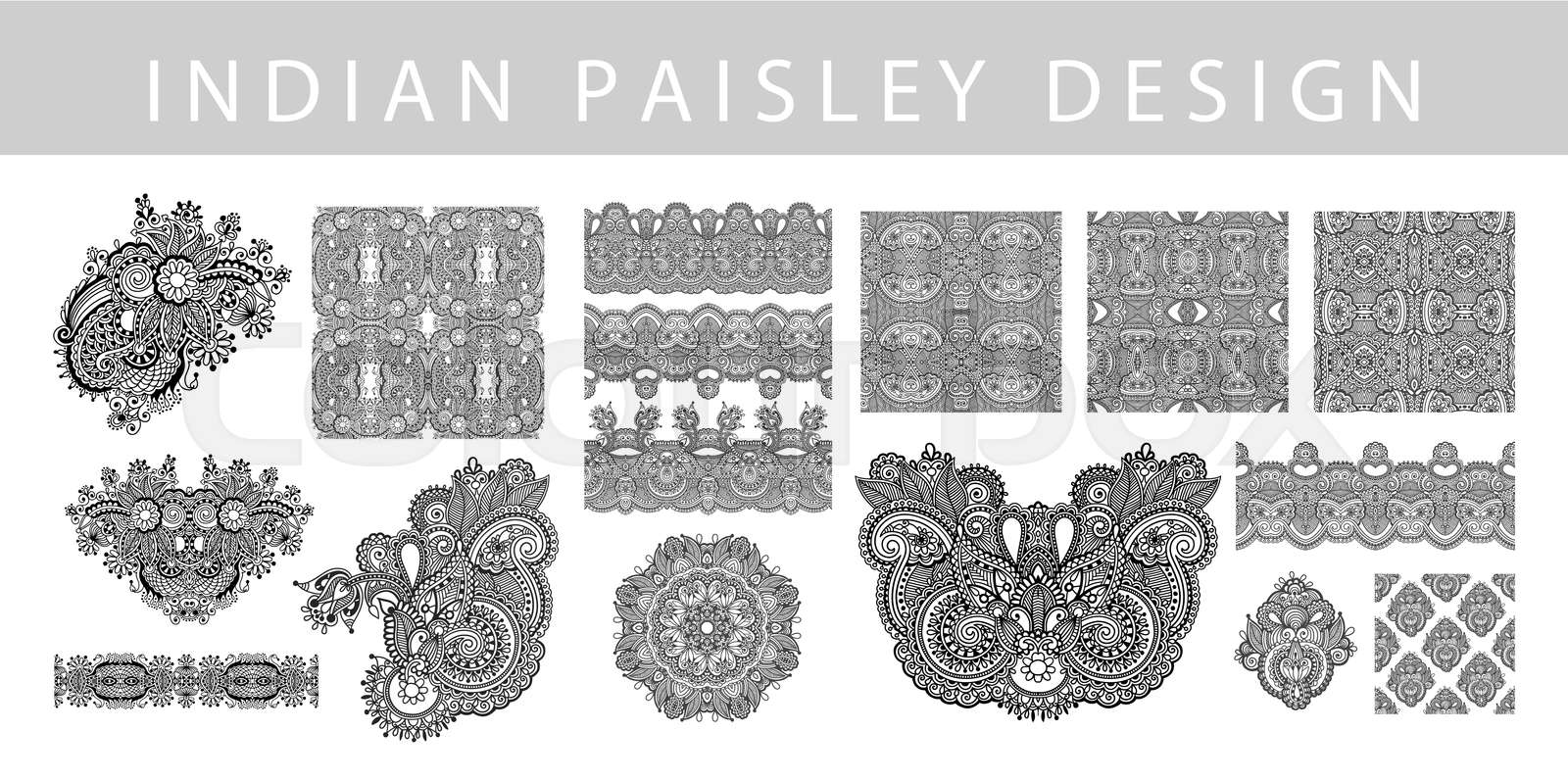 set of indian paisley design element, hand drawing floral tattoo doodle ...