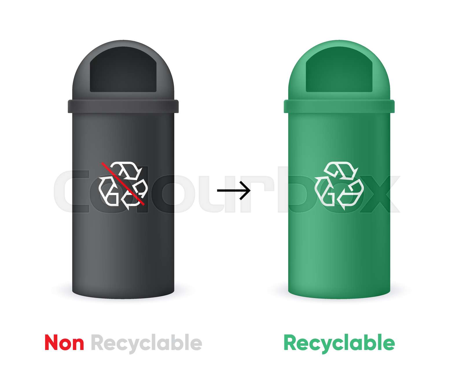 Evolution from Non Recyclable to Recycling Garbage Bin. Black and Green ...