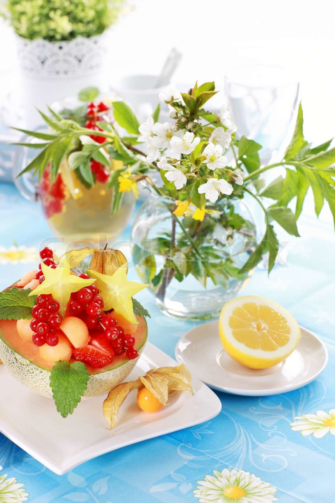 Summer refreshment with dessert fruit and lemonade | Stock image ...