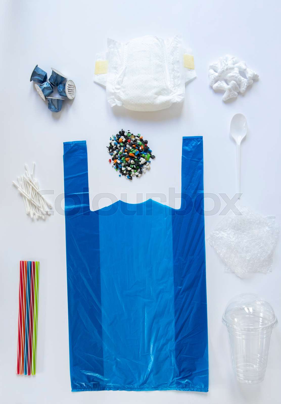 Flat Lay Shot Of Single Use Plastic Products With Non Reusable Or Non ...