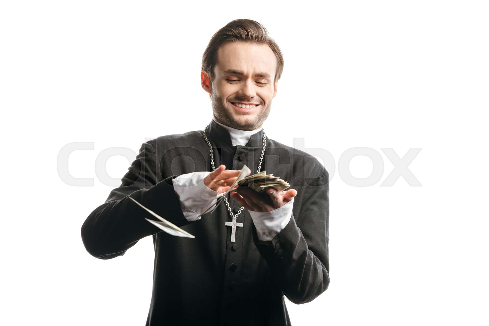 corrupt catholic priest smiling while counting money isolated on white ...