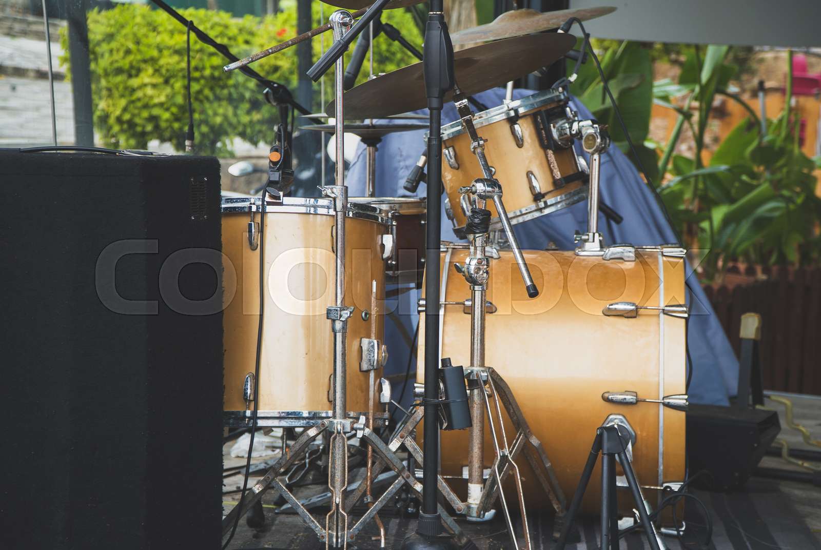 Outdoor drum set in a restaurant. | Stock image | Colourbox