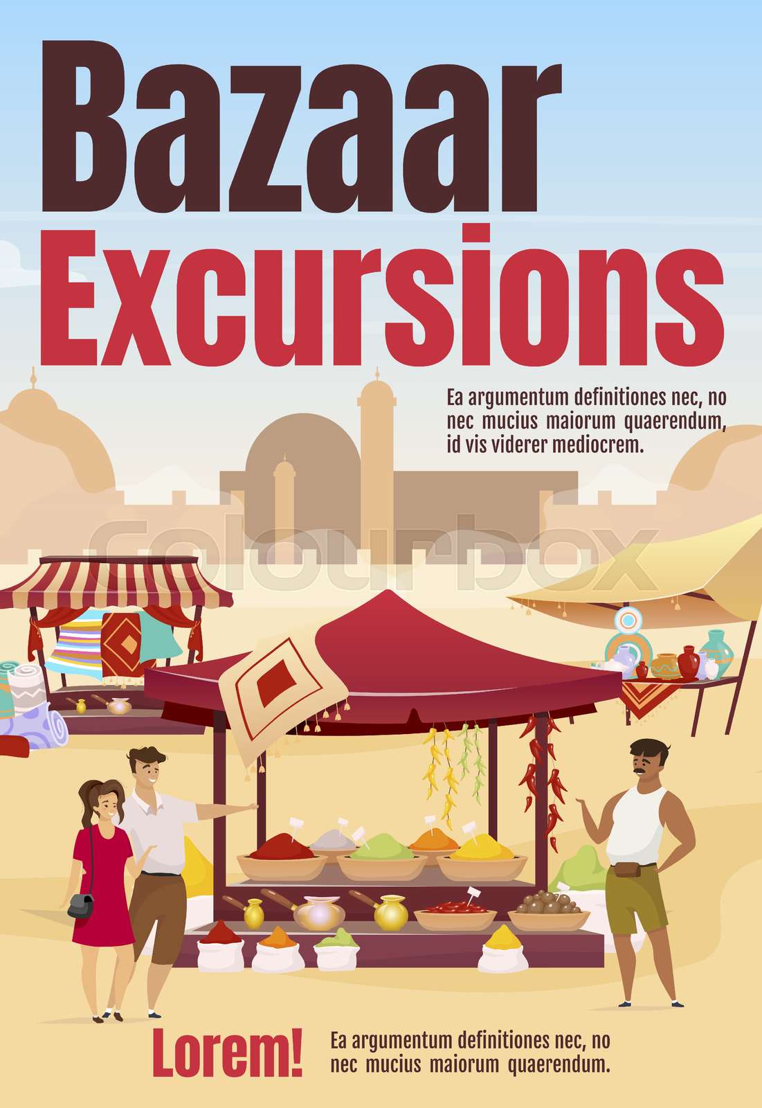 Bazaar excursions poster flat color vector template. Egypt street ...