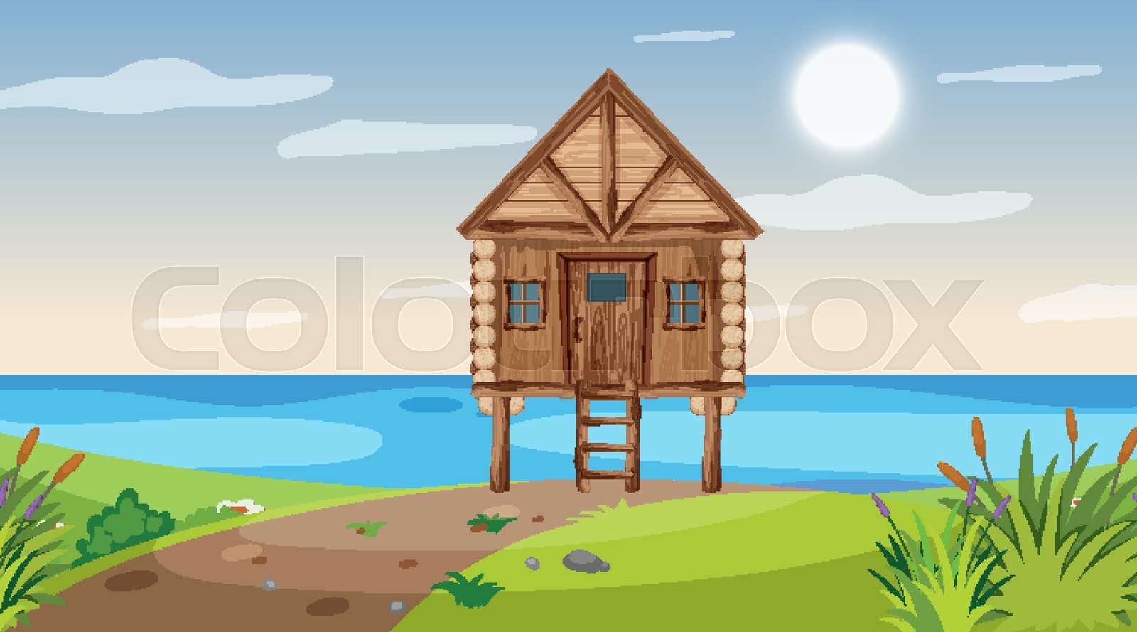 Scene with wooden cottage in the field by the river | Stock vector ...