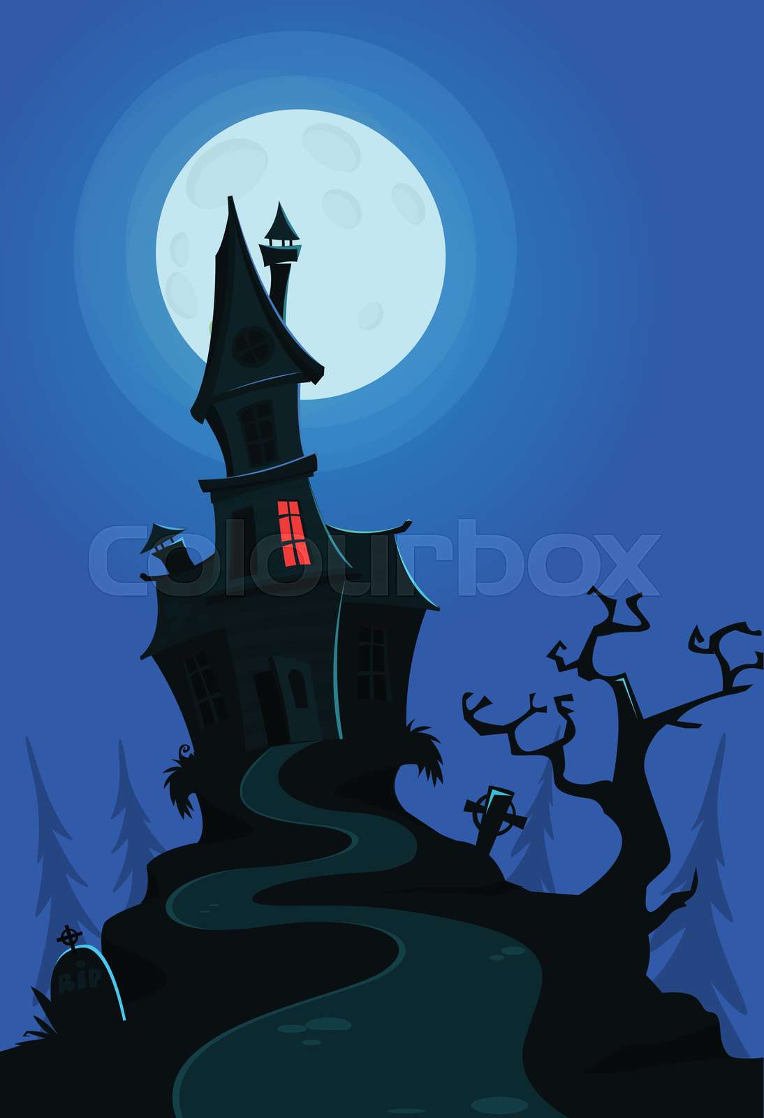 cartoon creepy haunted house on halloween night. | Stock vector | Colourbox