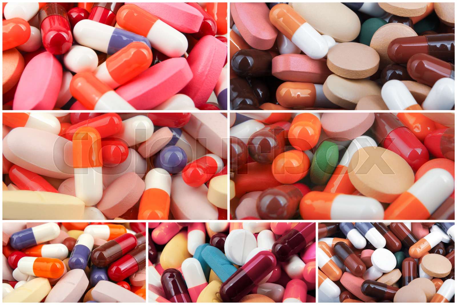 Set Of Medicine Pills. Close-Up Of Multi Colored Pills. Top View Of ...