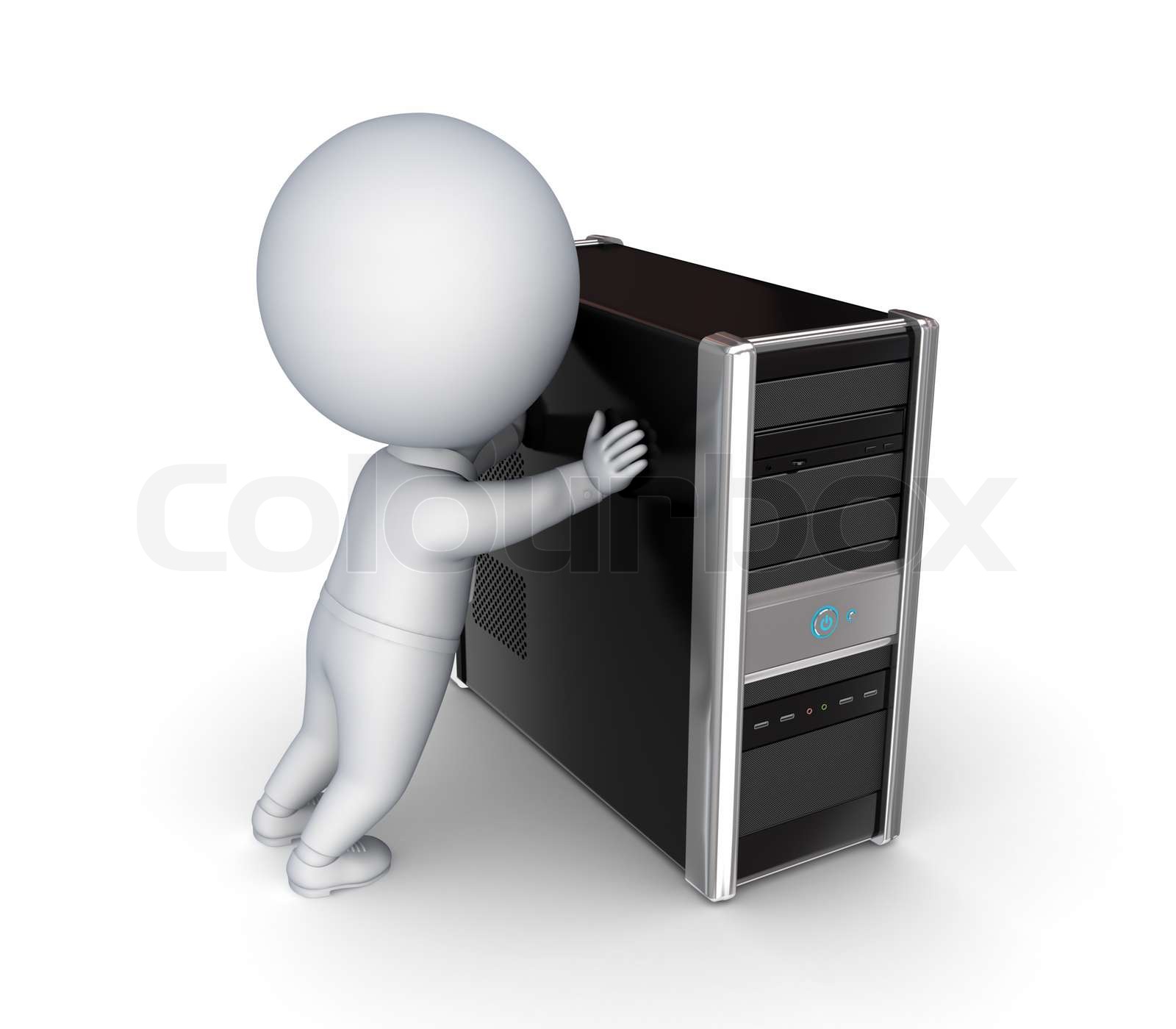 3d small person pushing black PC | Stock image | Colourbox