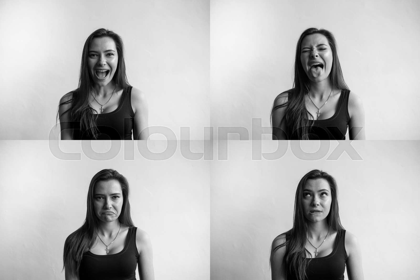 Set of black and white photo of young woman's portraits with different ...