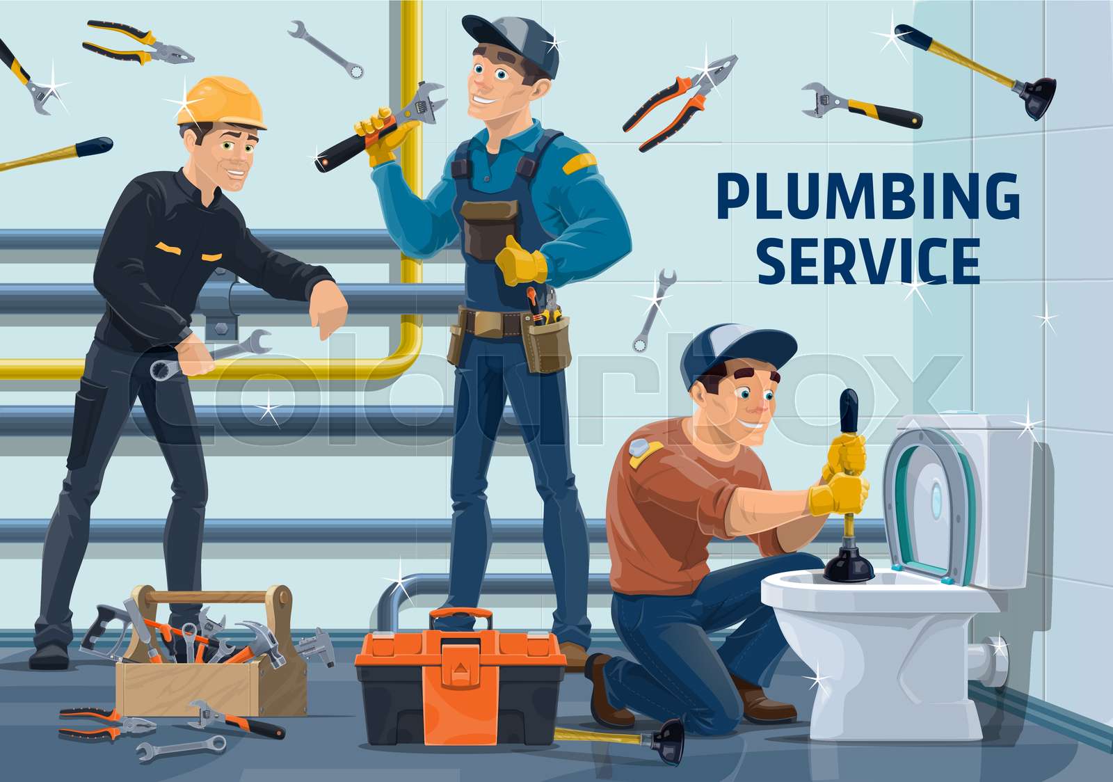 Plumber workers with work tools | Stock vector | Colourbox