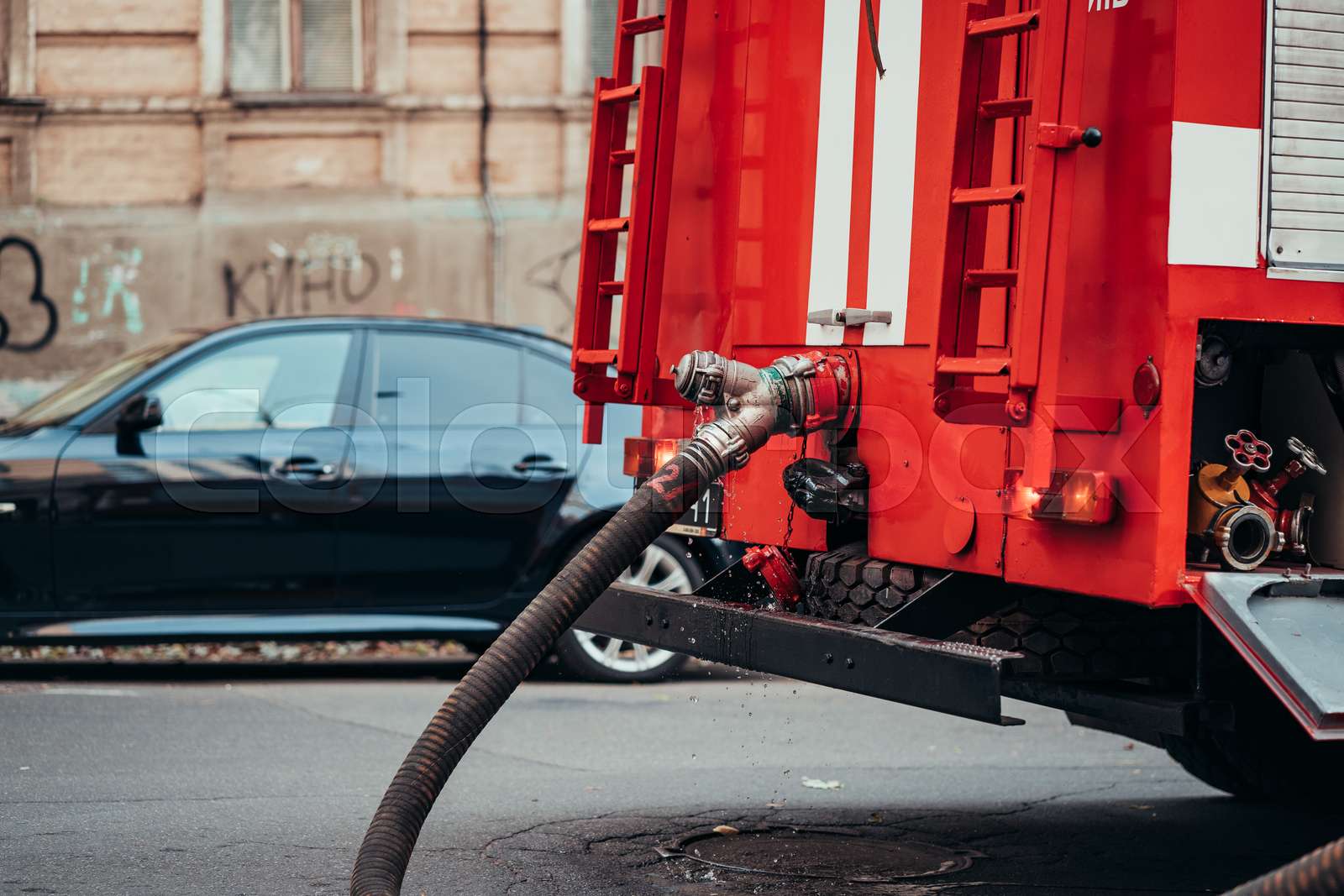 Hoses to quench the fire connecting with water pump valves of fire ...