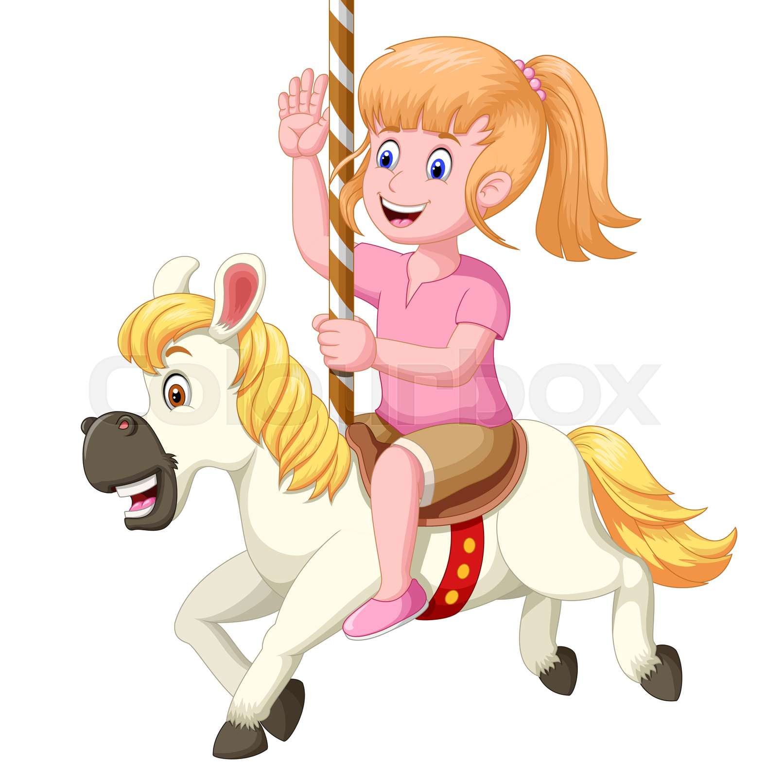 Cute Girl Sitting On Horse Toy Carousel Cartoon | Stock vector | Colourbox