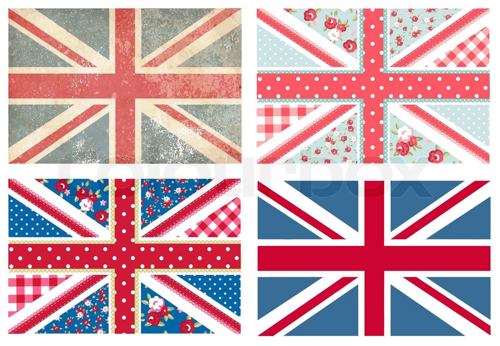 4 Cute British Flags in Shabby Chic floral and vintage style | Stock ...