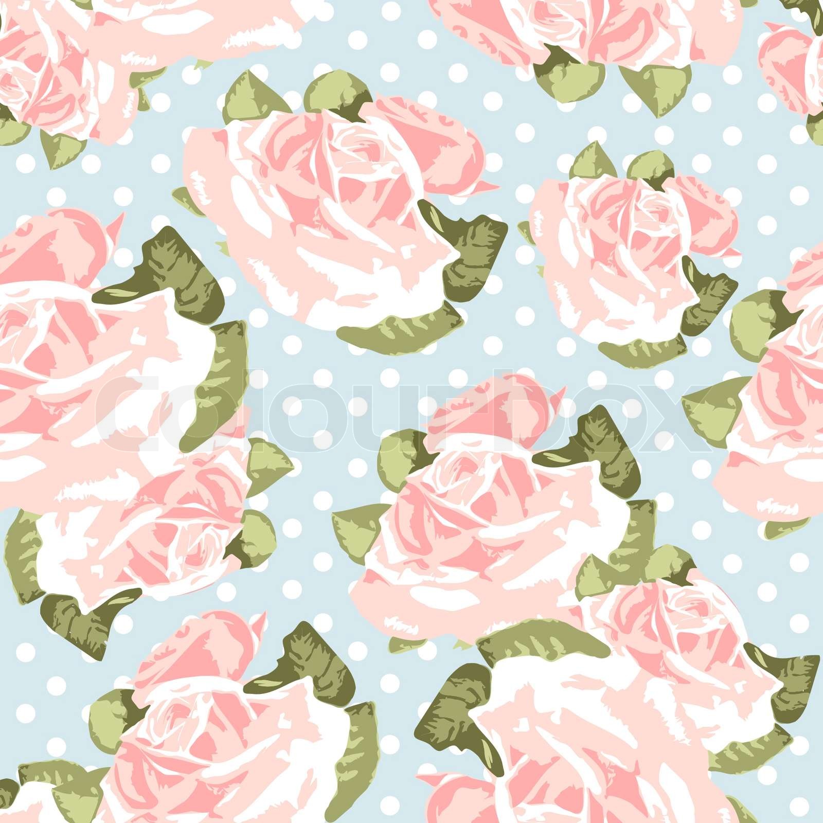 Beautiful Seamless rose pattern with blue polka dot background, vector ...