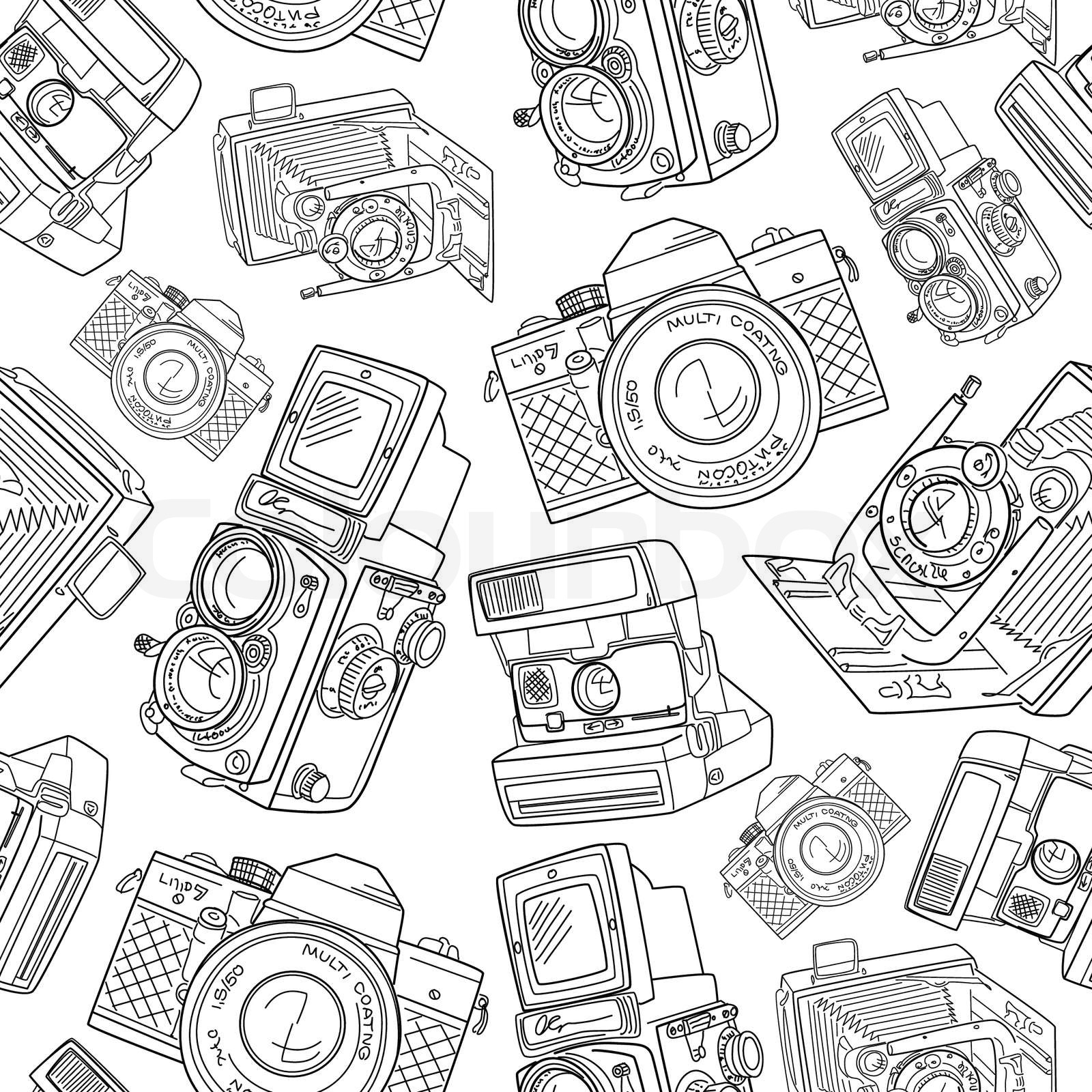 Seamless hand drawn old camera pattern, black and white | Stock vector ...