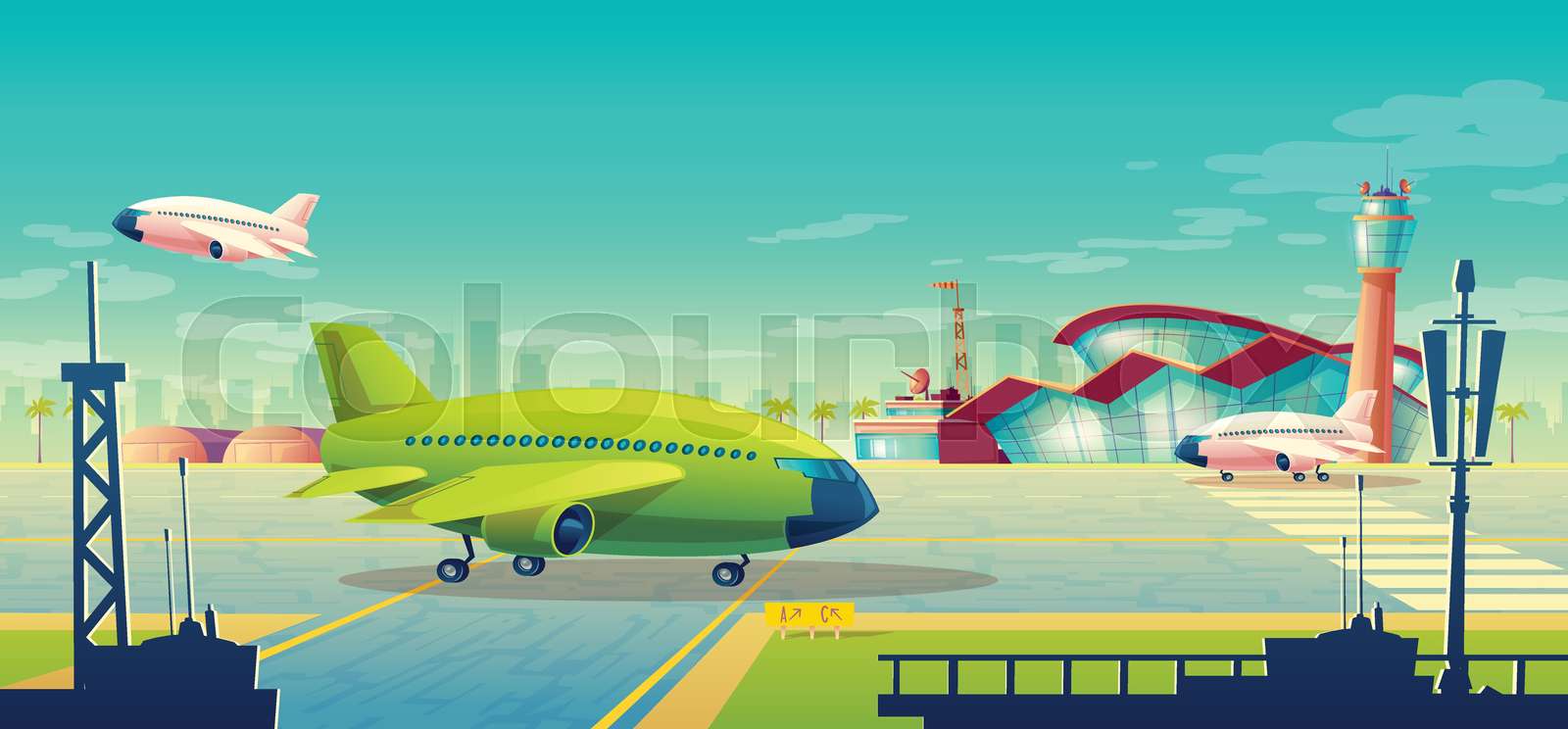 Vector cartoon illustration, green airliner on runway | Stock vector ...