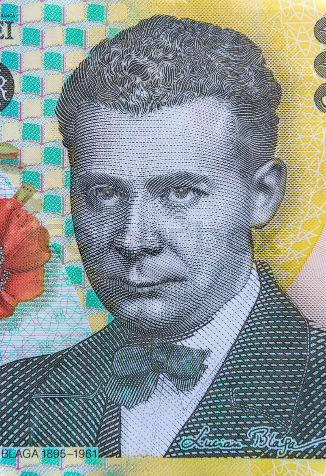 Lucian Blaga portrait on the 200 RON banknote. Coloseup of RON ...