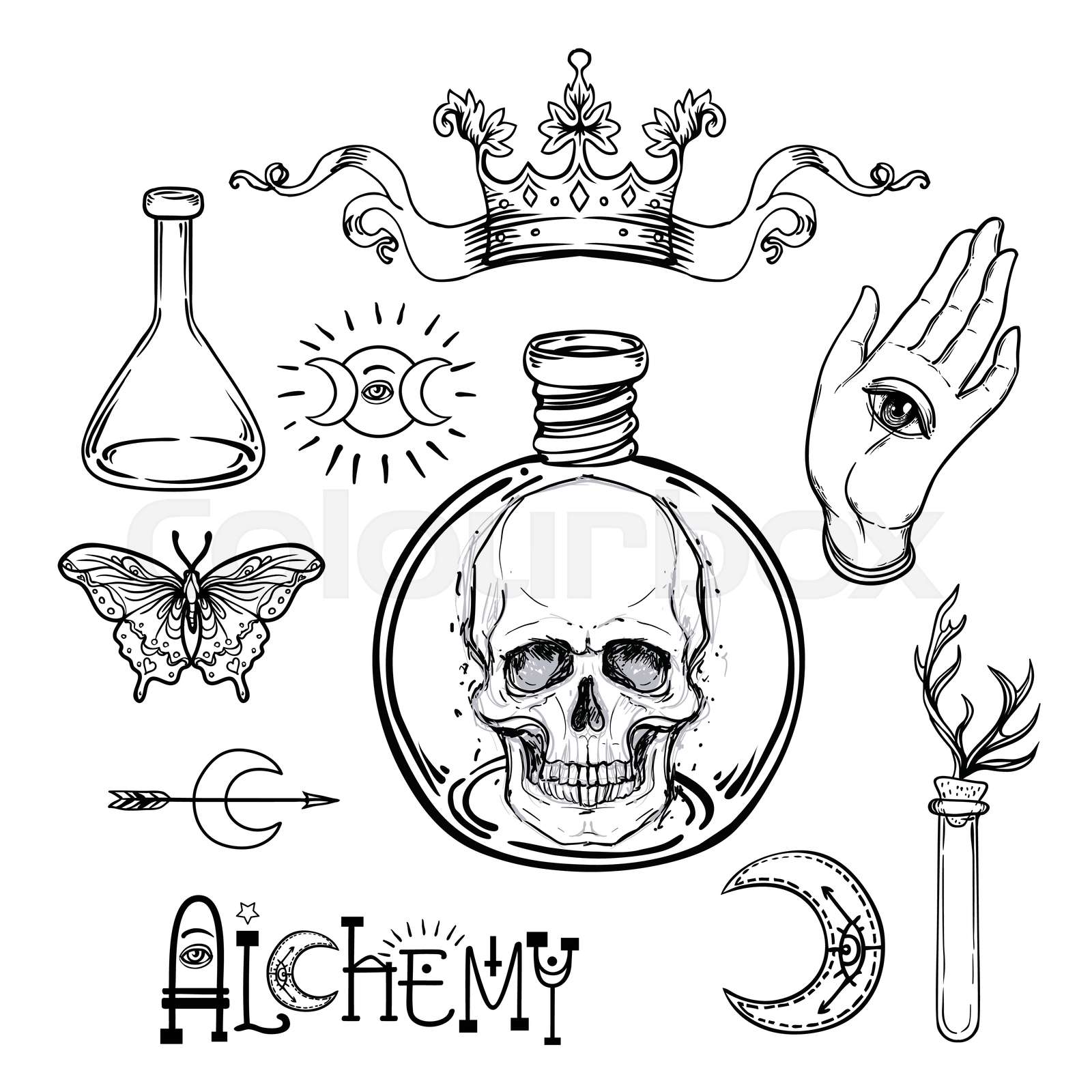Alchemy symbol icon set. Spirituality, occultism, chemistry, magic ...