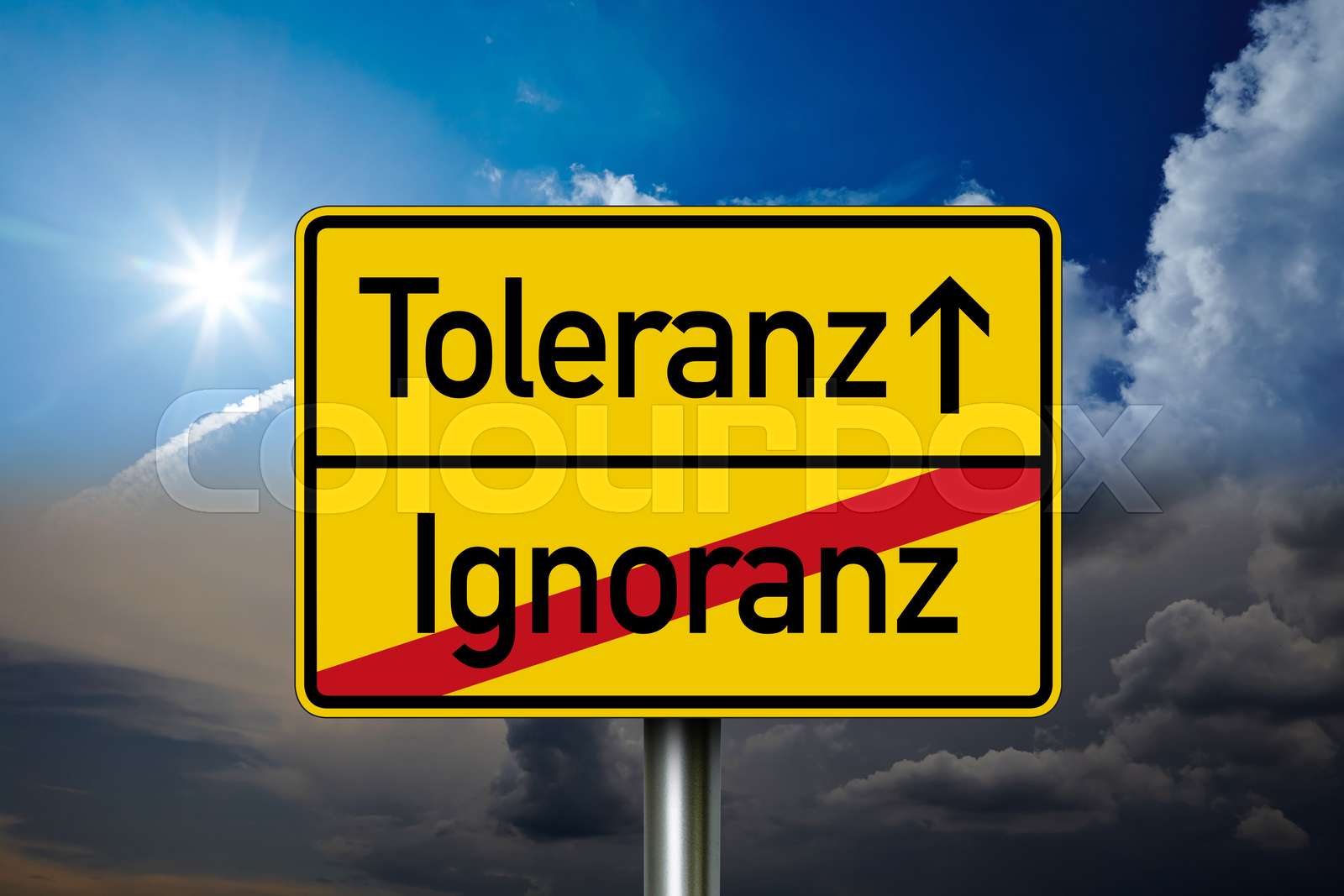 Road or traffic sign with german words for tolerance and ignorance ...