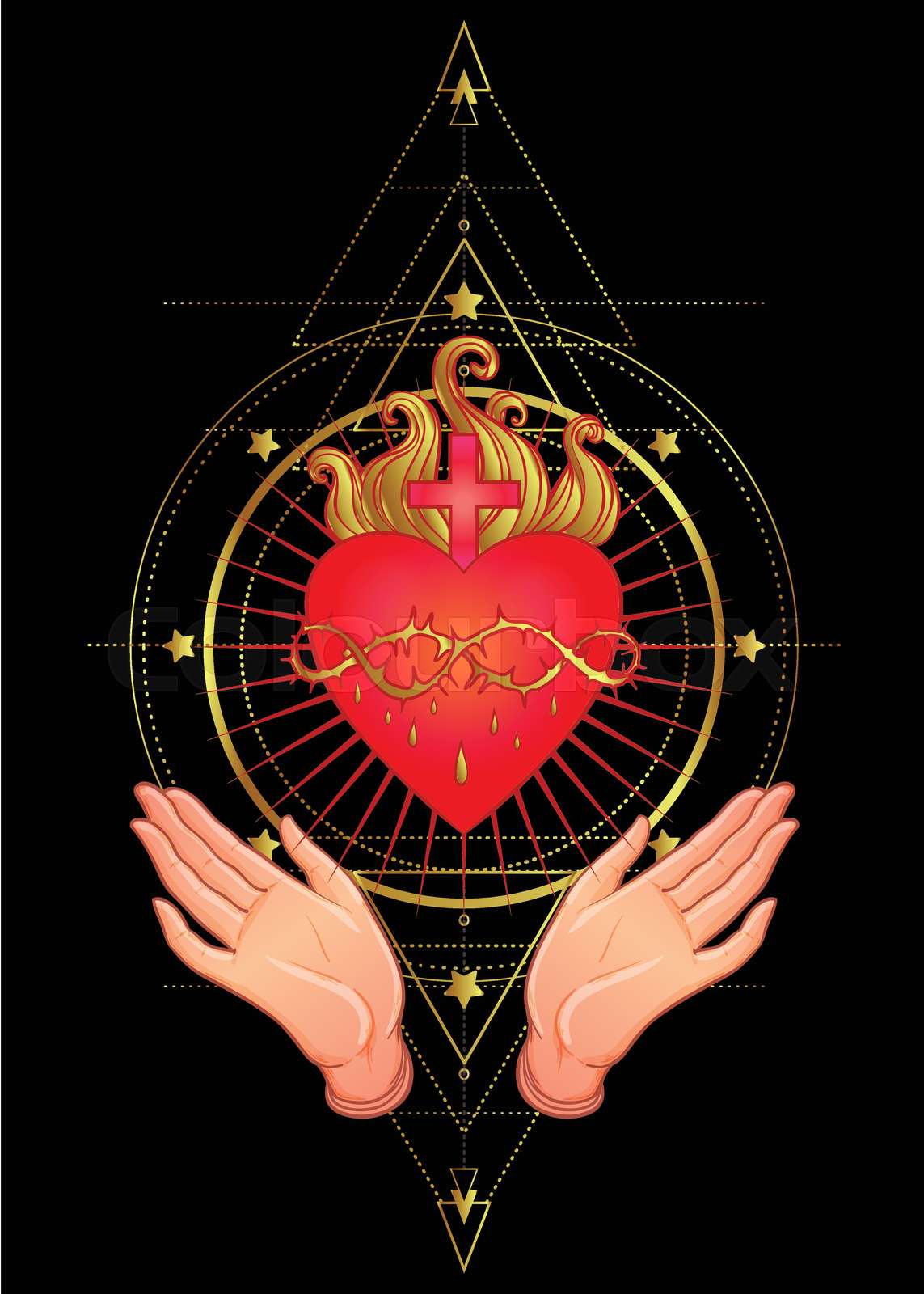 Sacred Heart of Jesus with rays. Vector illustration in red and gold ...