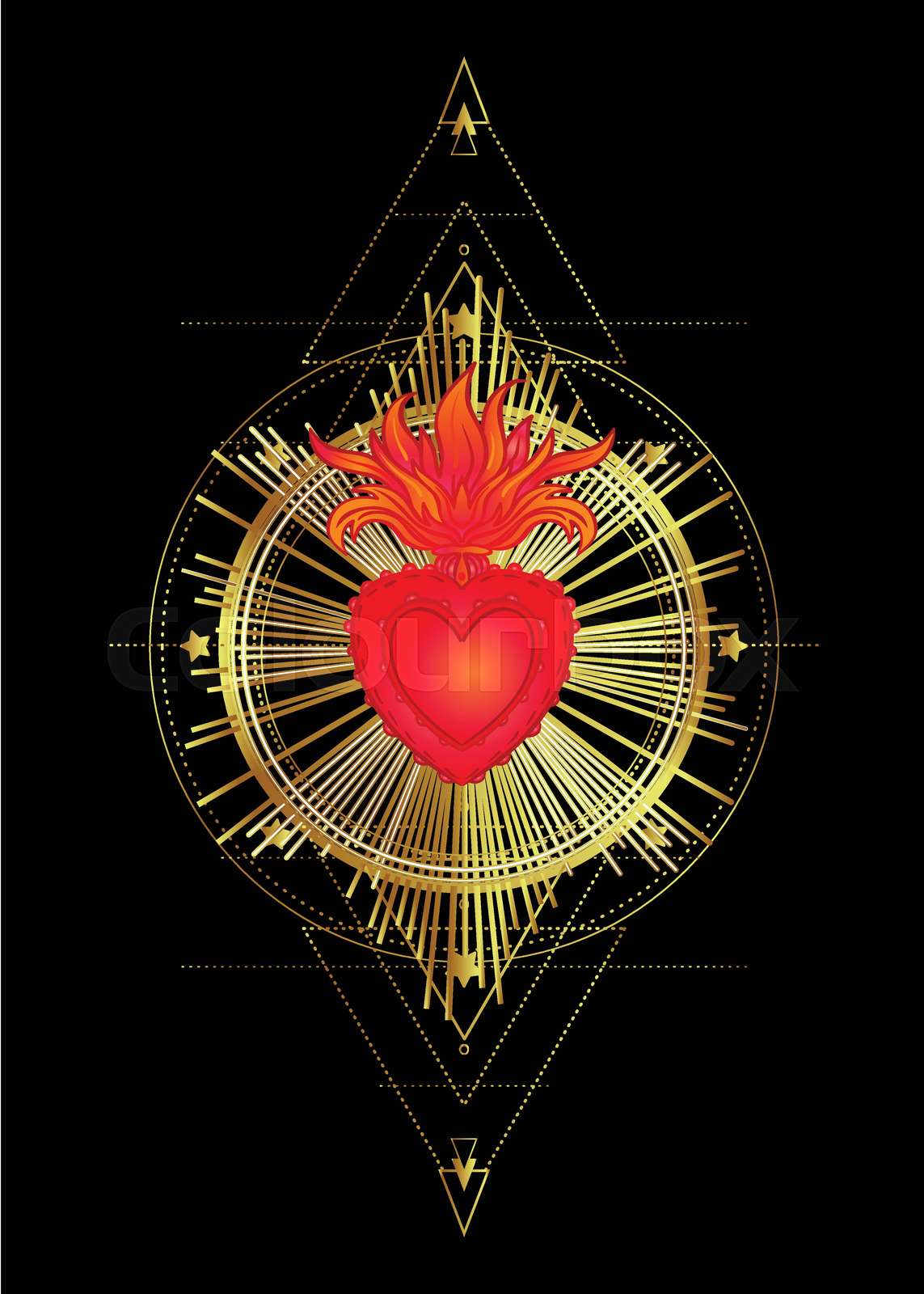 Sacred Heart of Jesus with rays. Vector illustration in red and gold ...