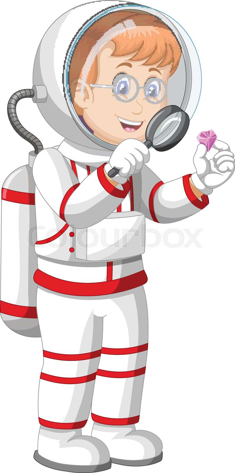Astronaut Woman in White Red Suit Uniform With Magnifying Glass and ...