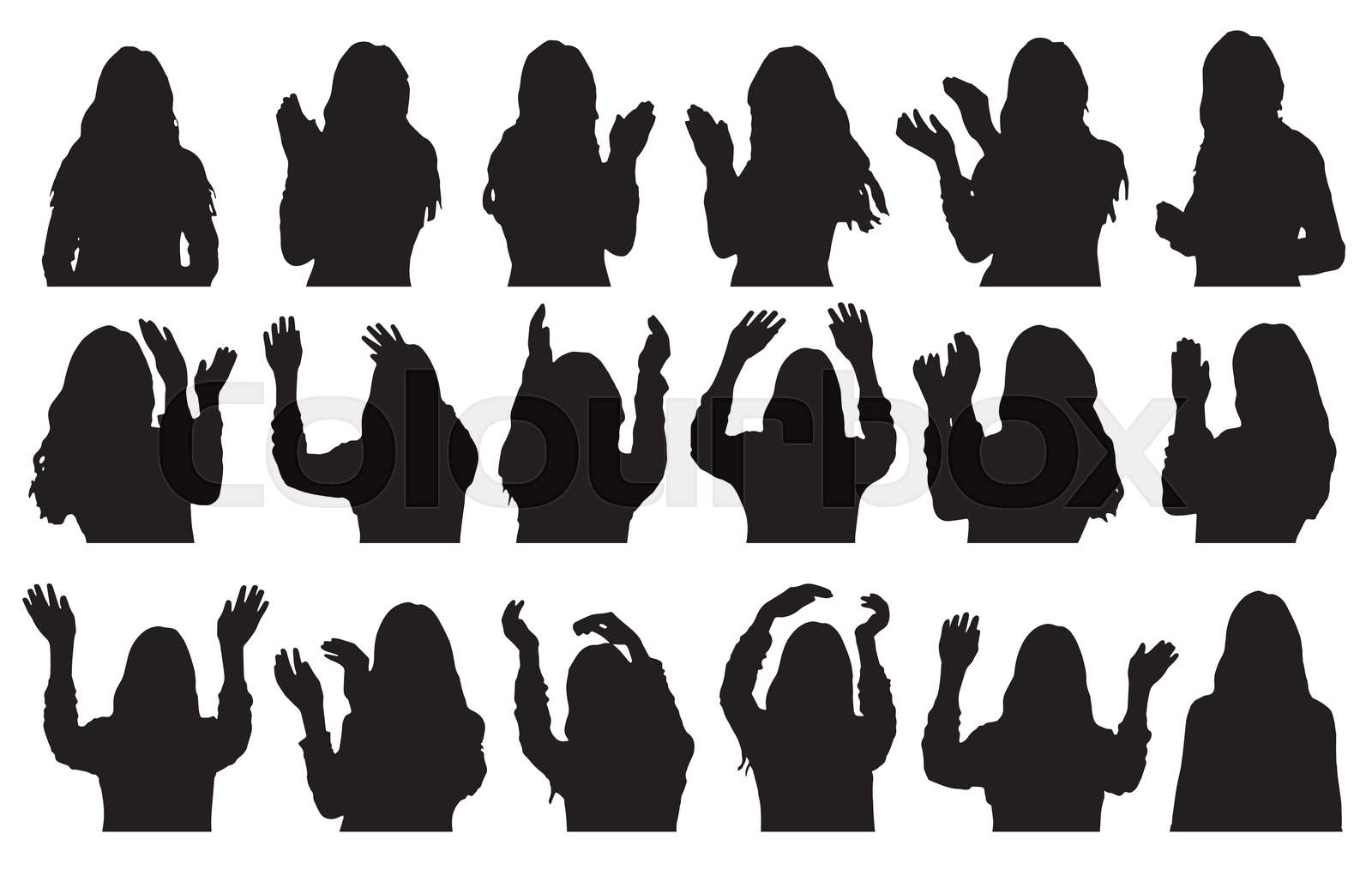 Set of silhouettes of girl clapping palms, welcome, waving hands ...