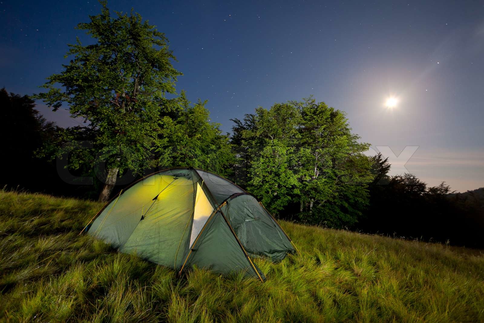 Night view with the tent, moon and the stars | Stock image | Colourbox