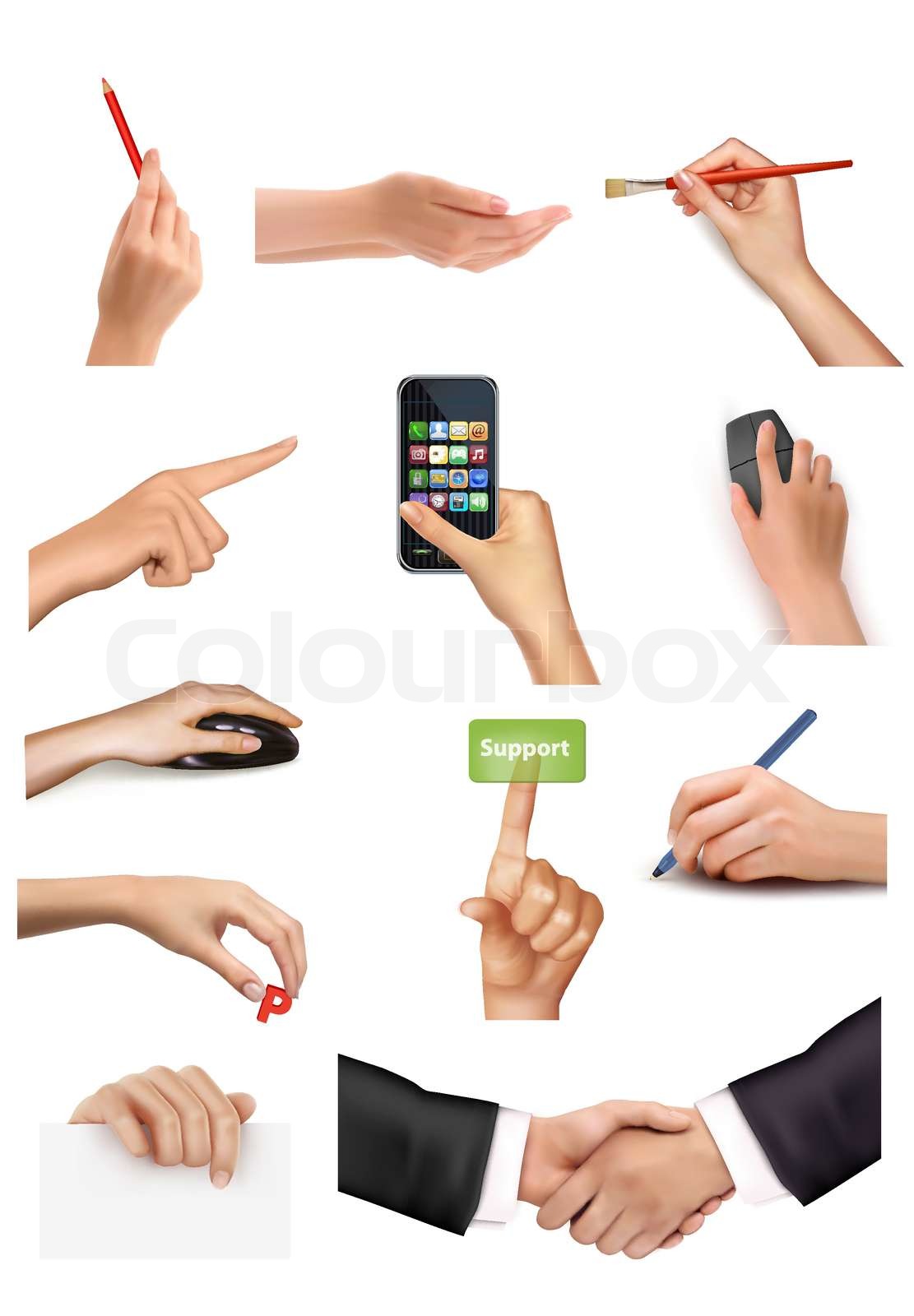 Collection of hands holding different business objects Vector ...