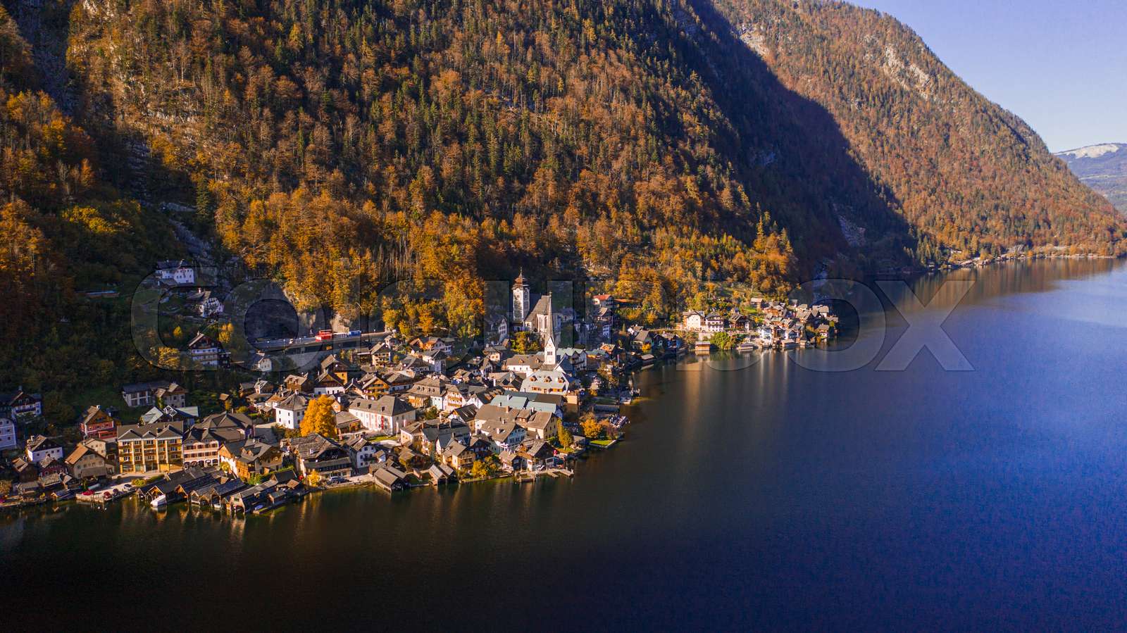 aerial view over HALLSTATT. Beautiful autumn view of Hallstatt ...
