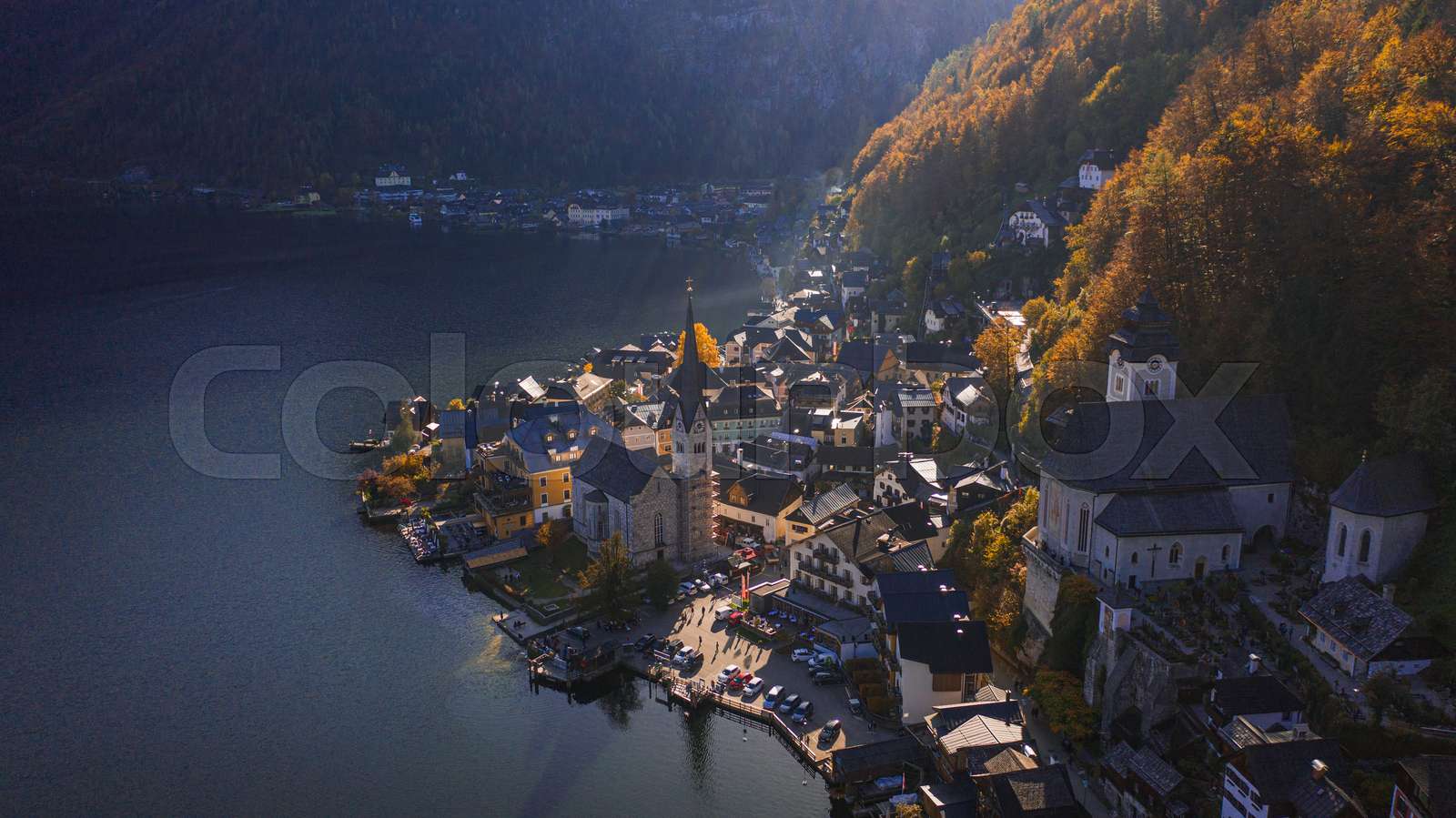 aerial view over HALLSTATT. Beautiful autumn view of Hallstatt ...