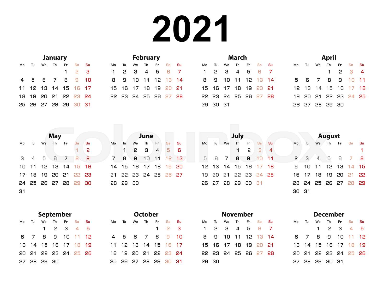 Calendar layout for 2021 year, week starts from Monday. | Stock vector ...