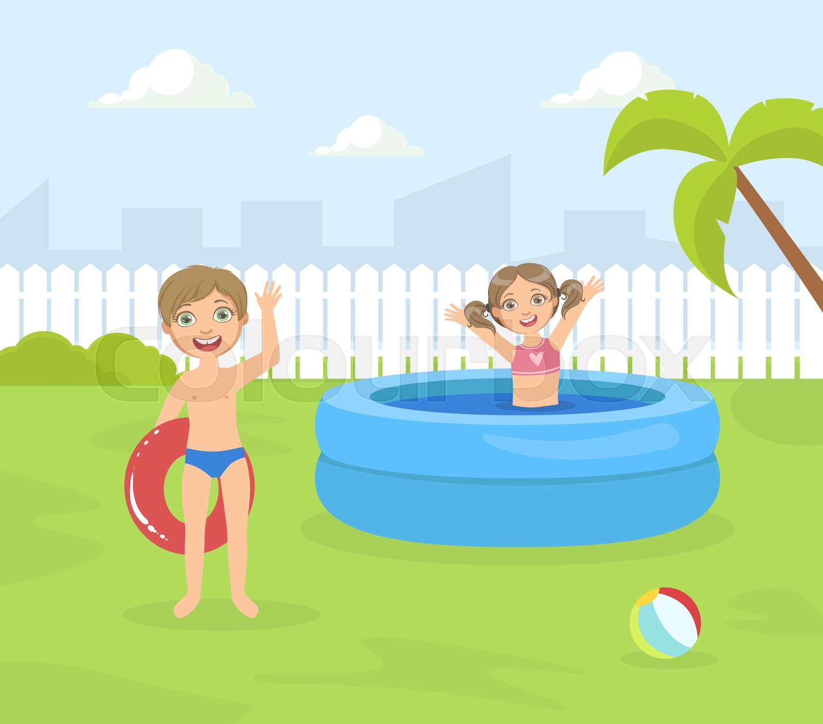 Boy and Girl Playing in Inflatable Pool in the Backyard Vector ...