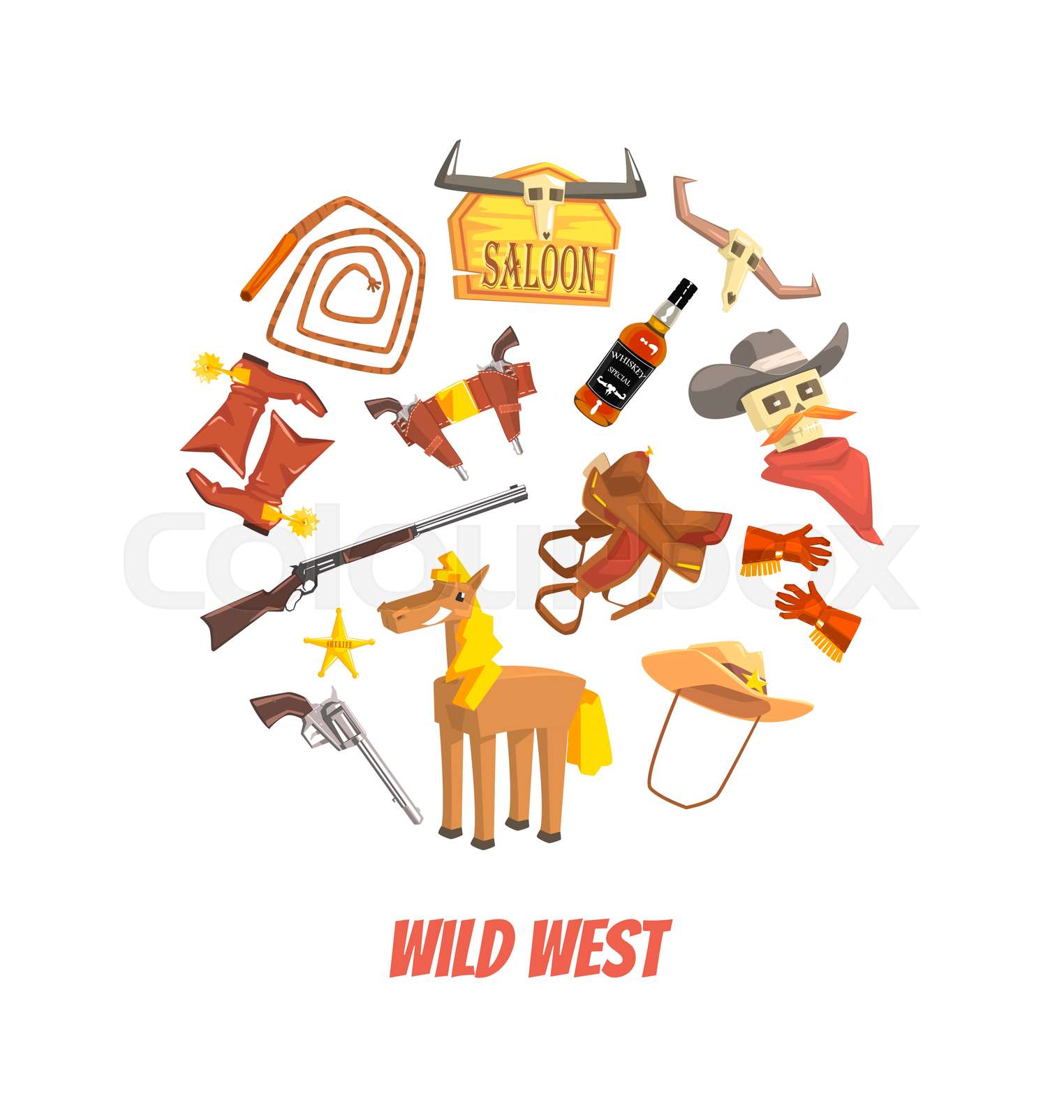 Wild West Symbols of Round Shape, Western Elements Vector illustration ...