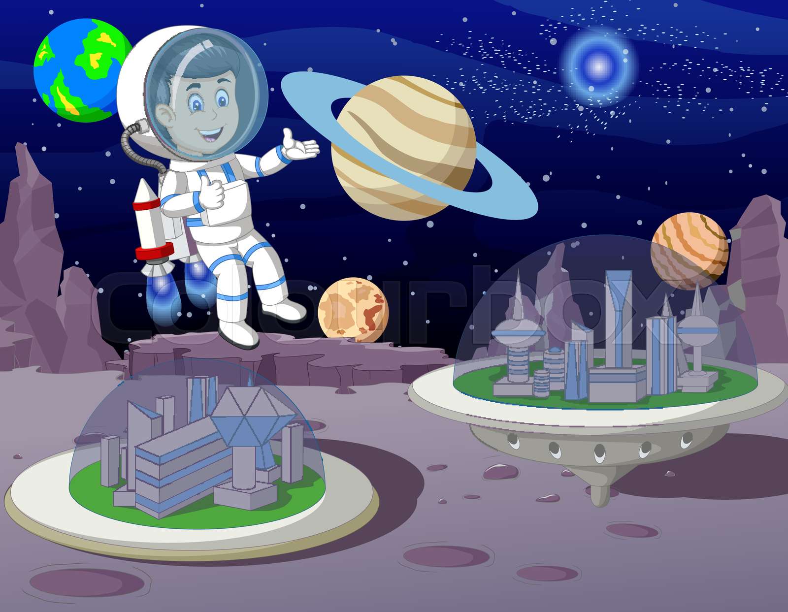 Cool Flying Astronaut Man in Moon Surface With Other Planets in ...
