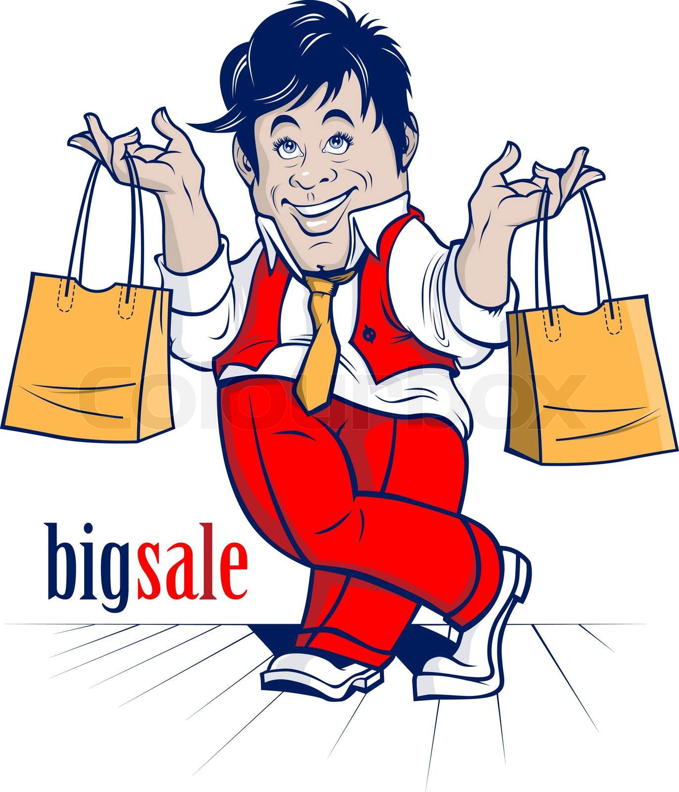 Mann einkaufen. Großer Abverkauf. Cartoon-Figur | Stock-Vektor | Colourbox