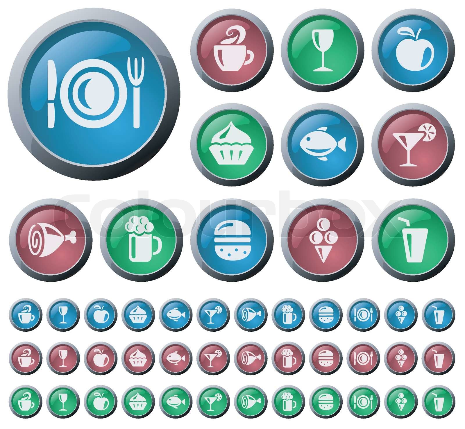 Food and drinks button set | Stock vector | Colourbox