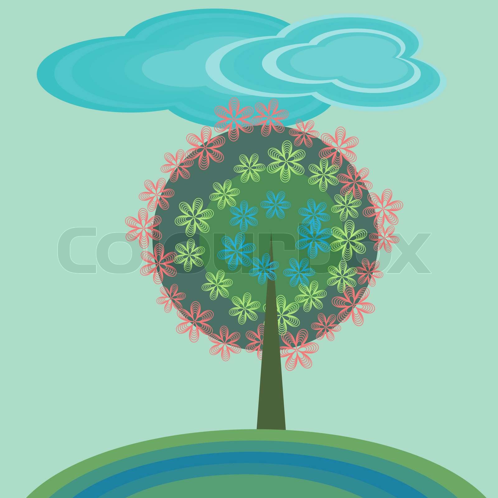 Decorative flowering tree and clouds | Stock vector | Colourbox