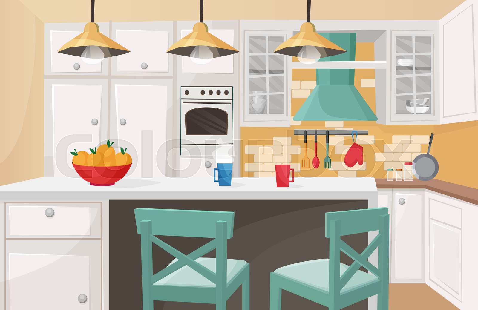 Kitchen interior in traditional design flat cartoon vector illustration ...