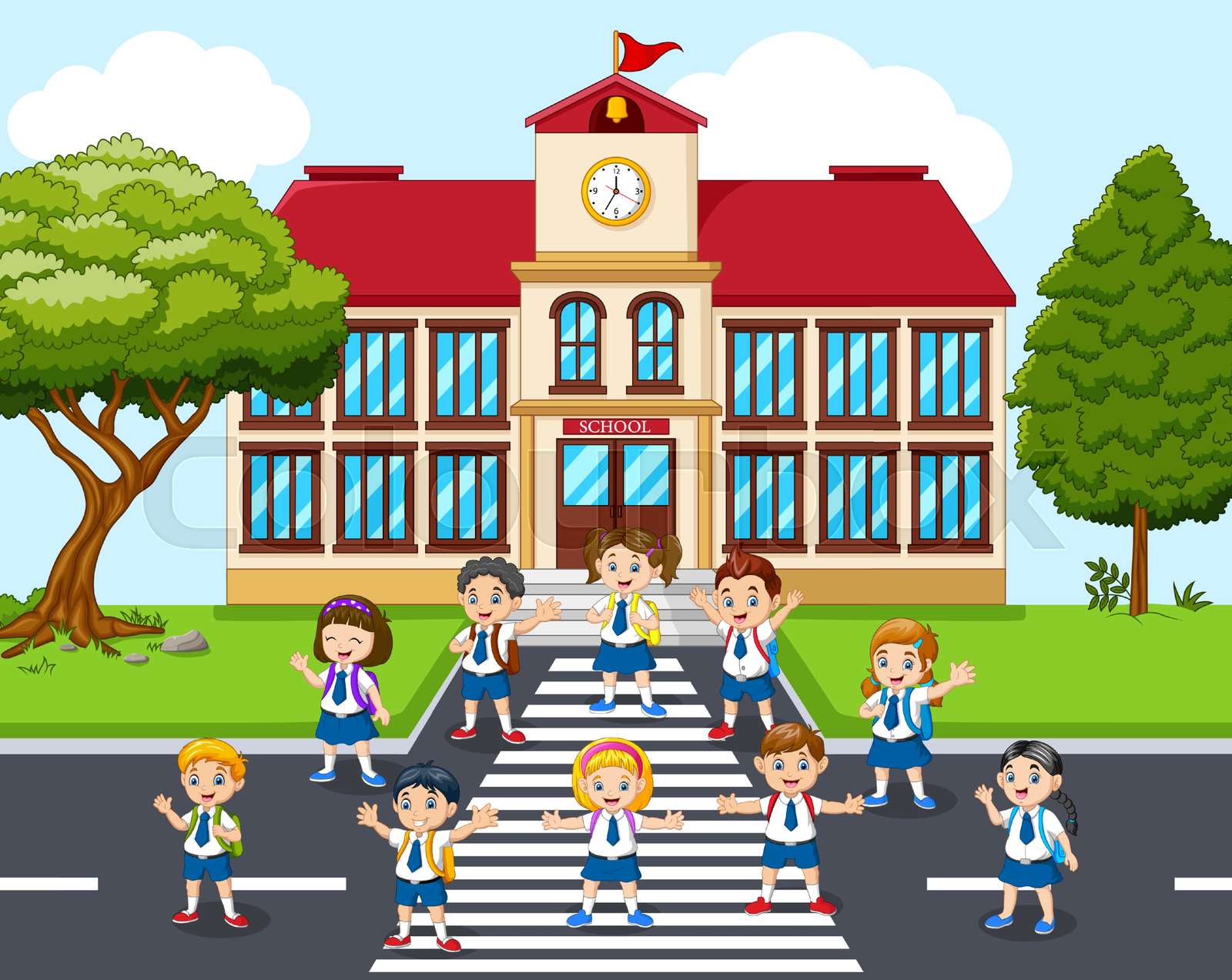Students cartoon in front of school | Stock vector | Colourbox
