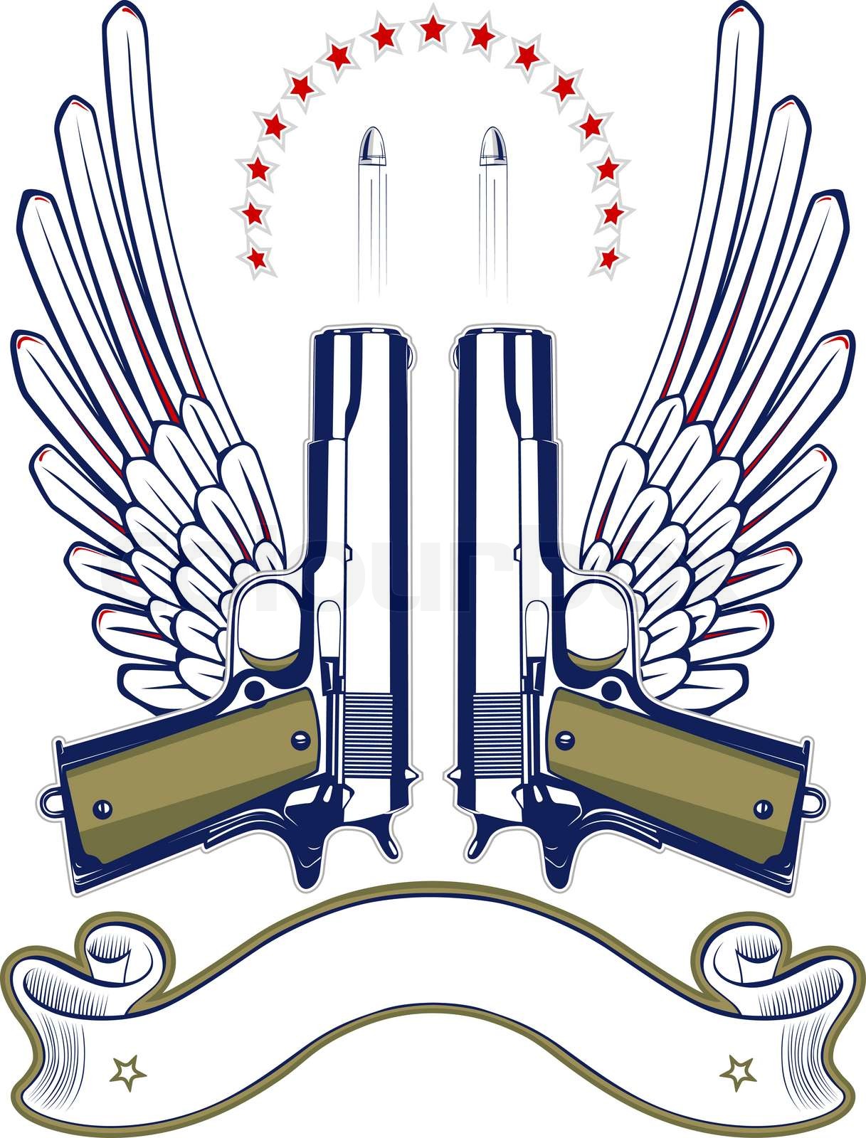 gun and bullet emblem with wings and ribbon | Stock vector | Colourbox