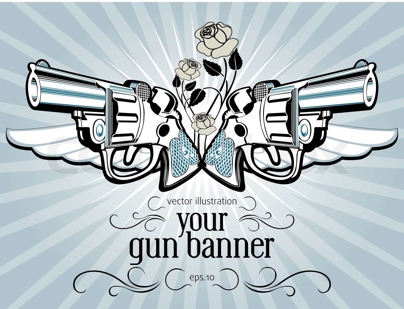 gun and roses emblem with wings and ribbon | Stock vector | Colourbox