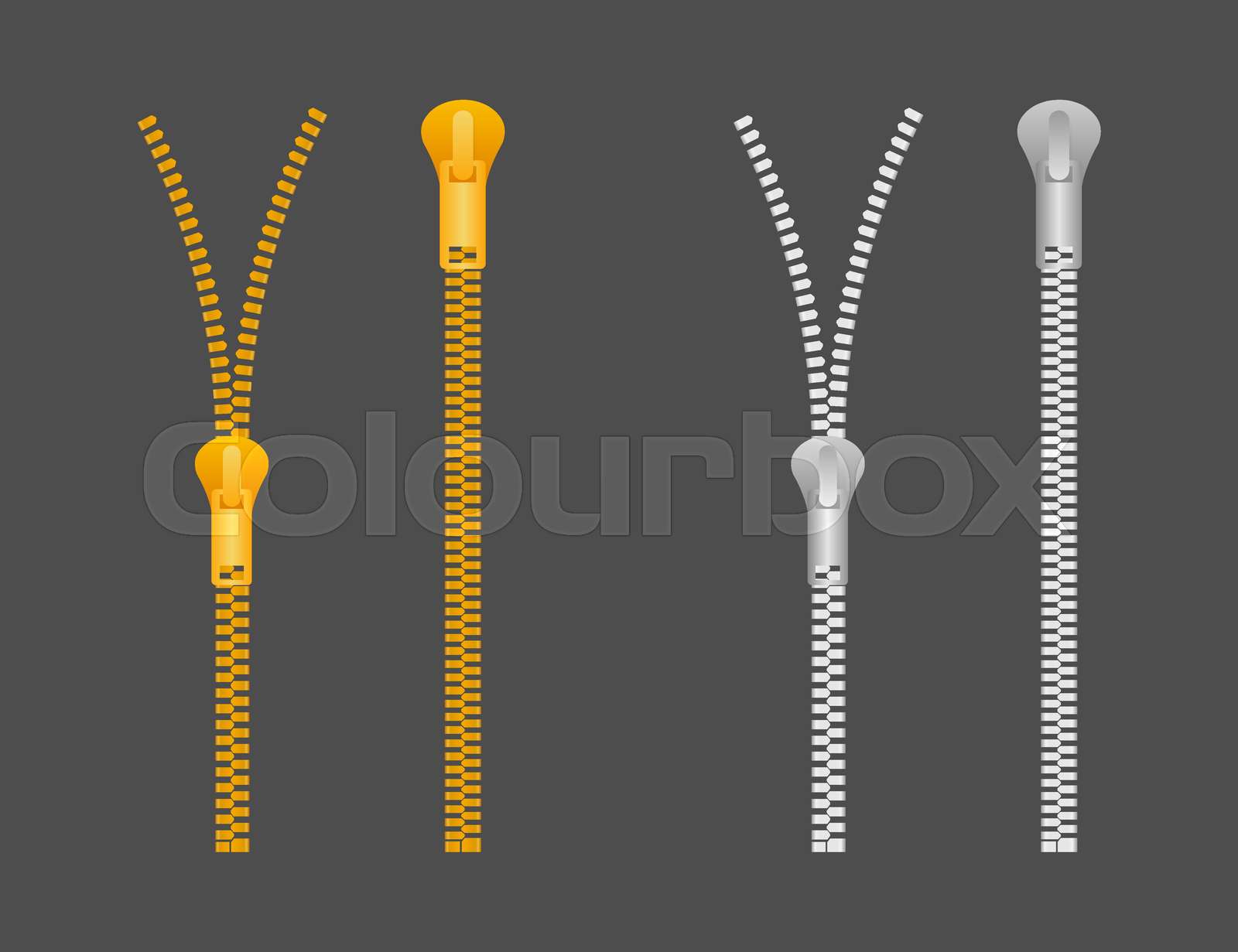 zippers type set fastener. Metallic closed and open zippers and pullers ... zippers type set fastener. Metallic closed and open zippers and pullers ...