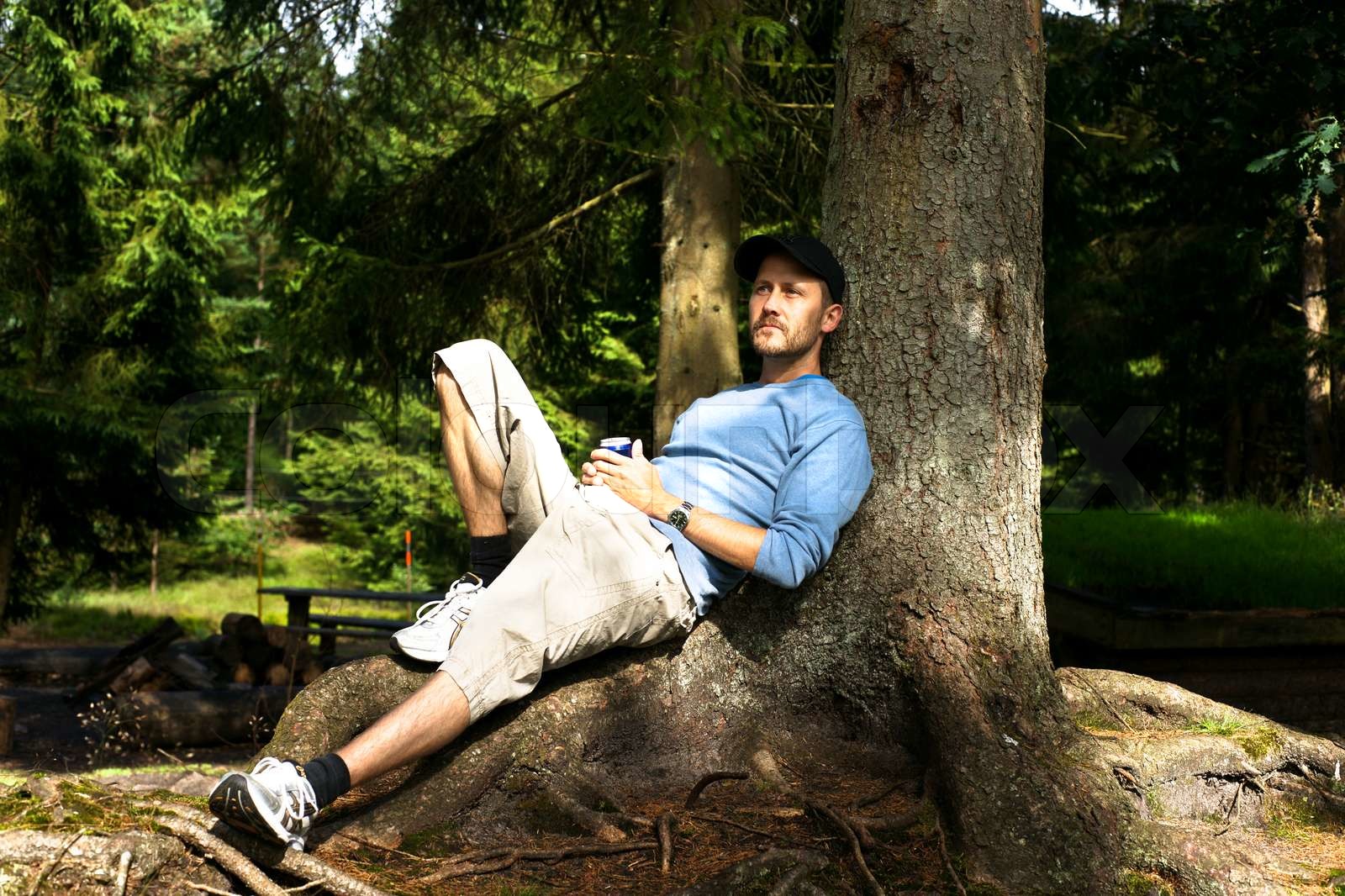 Mand slapper af under et træ | Stock foto | Colourbox