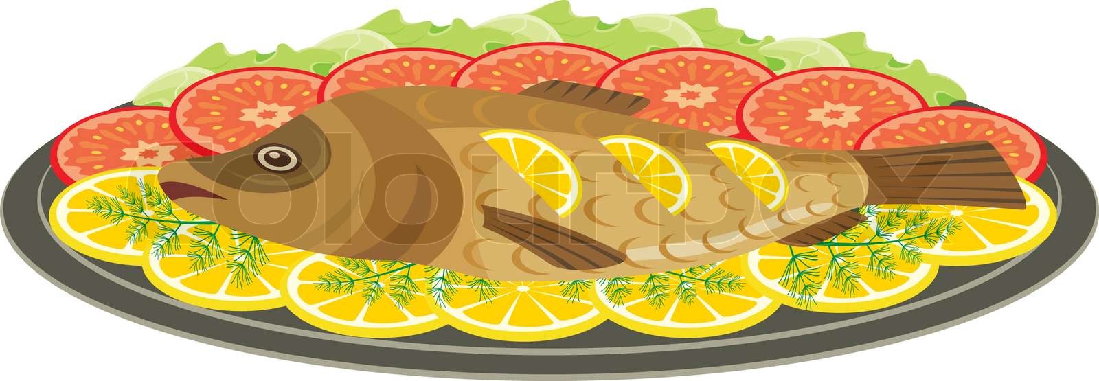 Dish with the baked fish | Stock vector | Colourbox