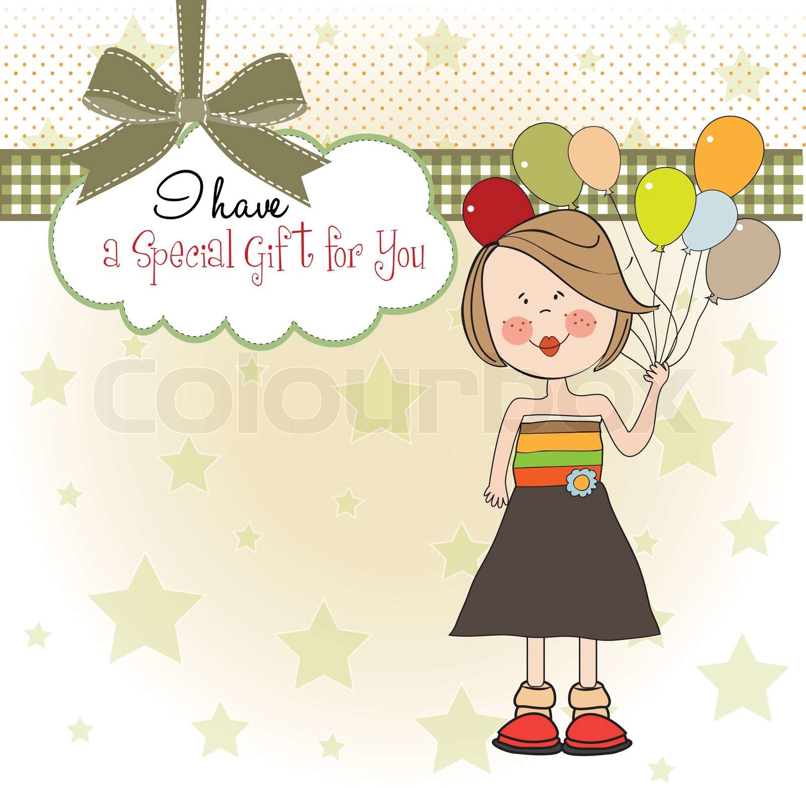 Funny girl with balloon, birthday greeting card | Stock vector | Colourbox